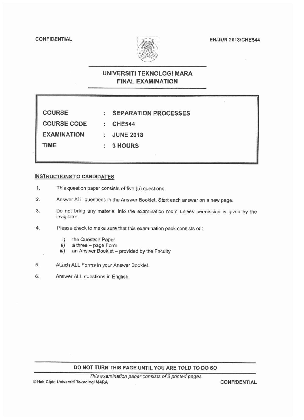 CHE544 JUNE 2018 - Past year question to improve understanding before ...