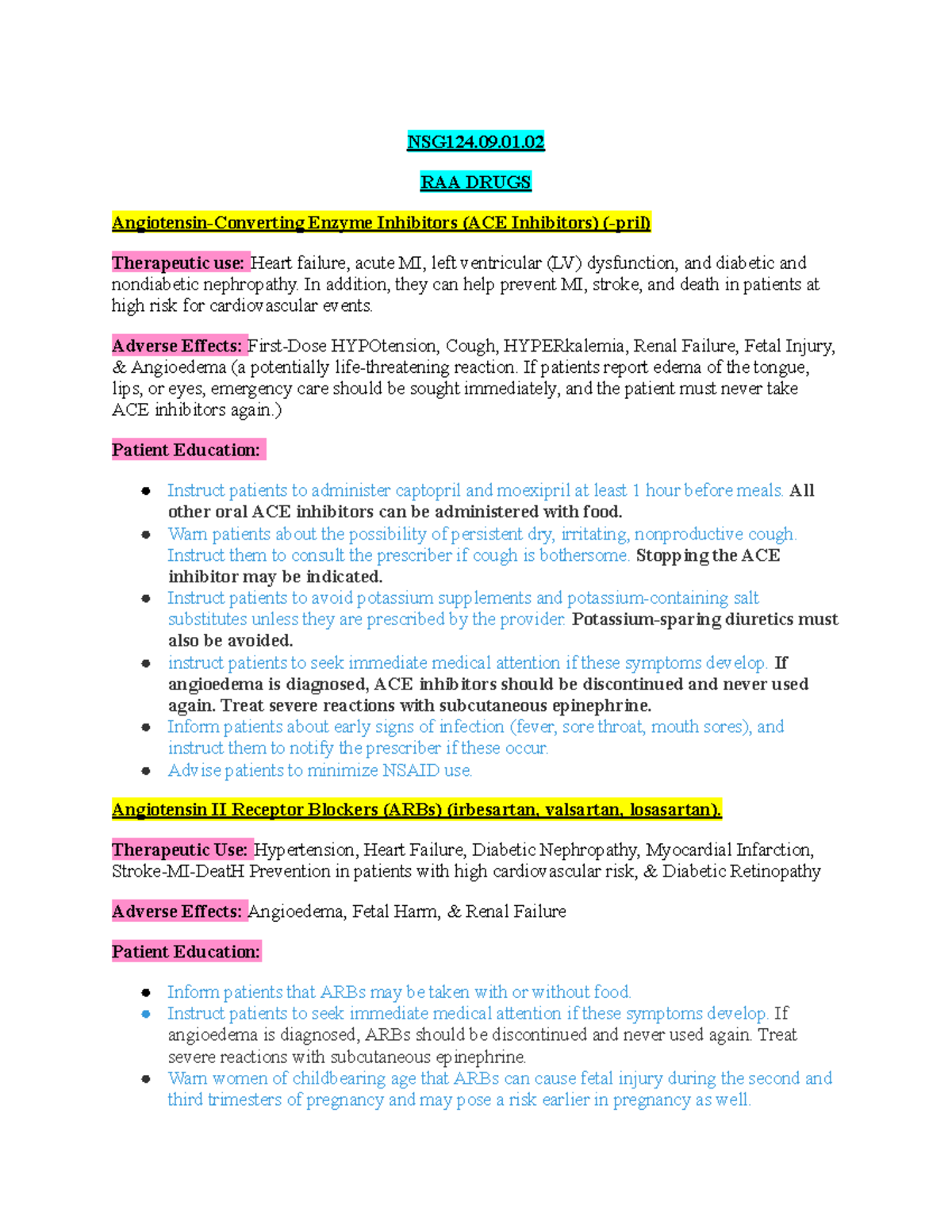 Pharm exam 3 study guide - NSG124.09. RAA DRUGS Angiotensin-Converting ...