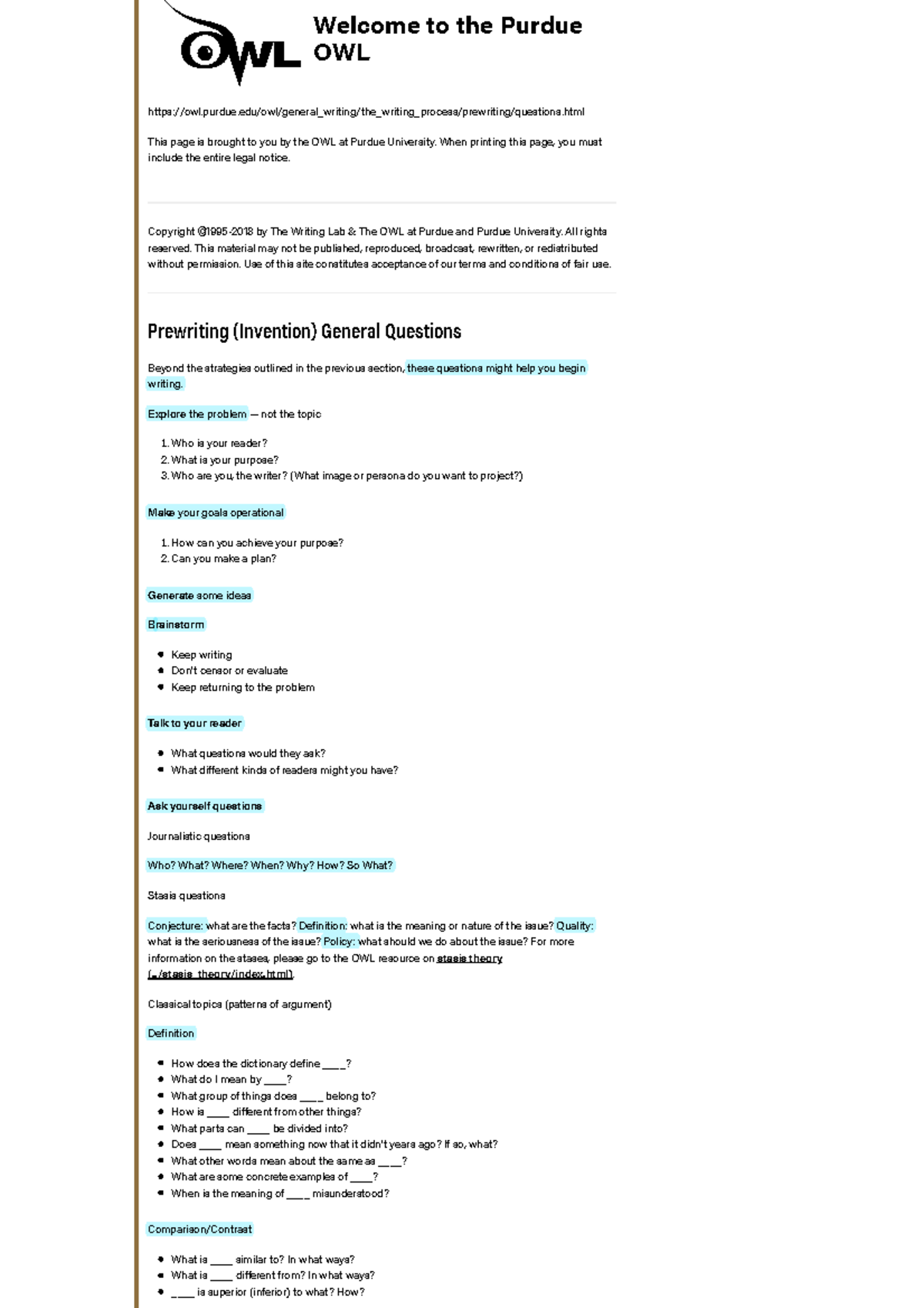 Prewriting Questions Purdue Writing Lab - Welcome to the Purdue OWL ...