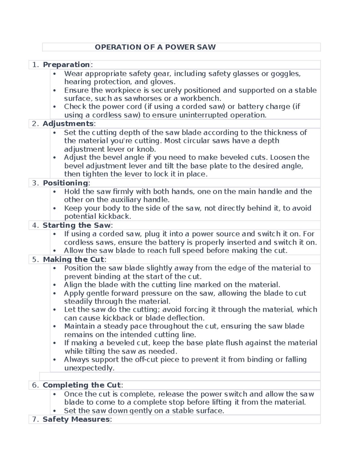 Operation OF A Power SAW - OPERATION OF A POWER SAW 1. Preparation ...