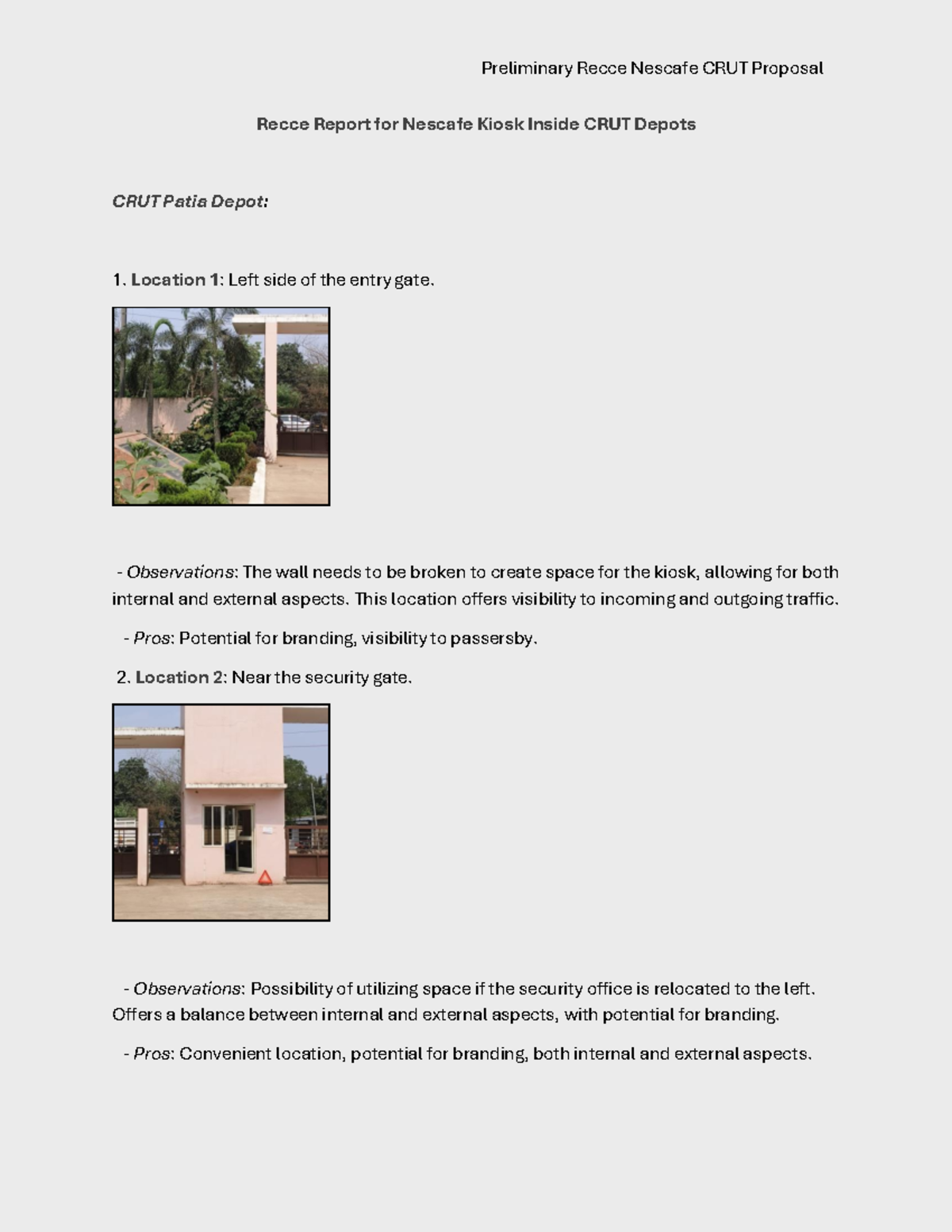 Recce Report for Nescafe Kiosk Inside CRUT Depots - Preliminary Recce ...