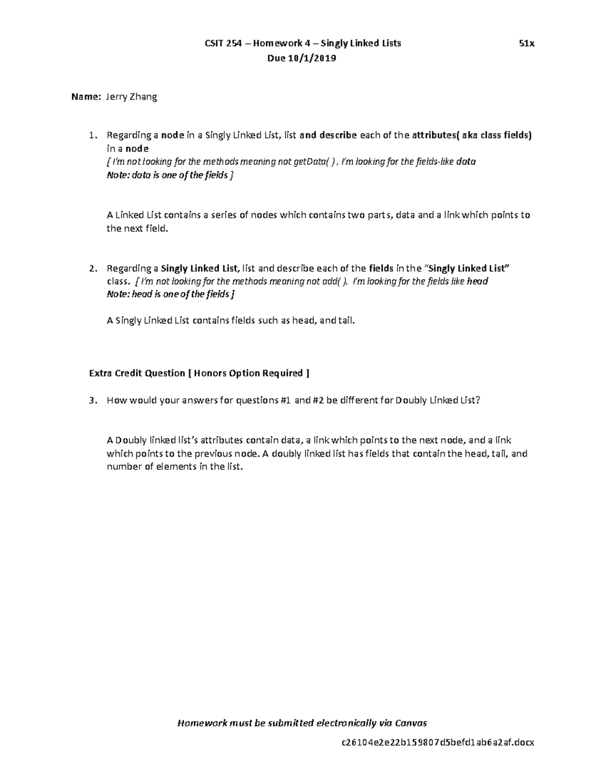 CSIT 254-51x Homework 04 - Singly Linked Lists Fall 2019 - CSIT 254 ...