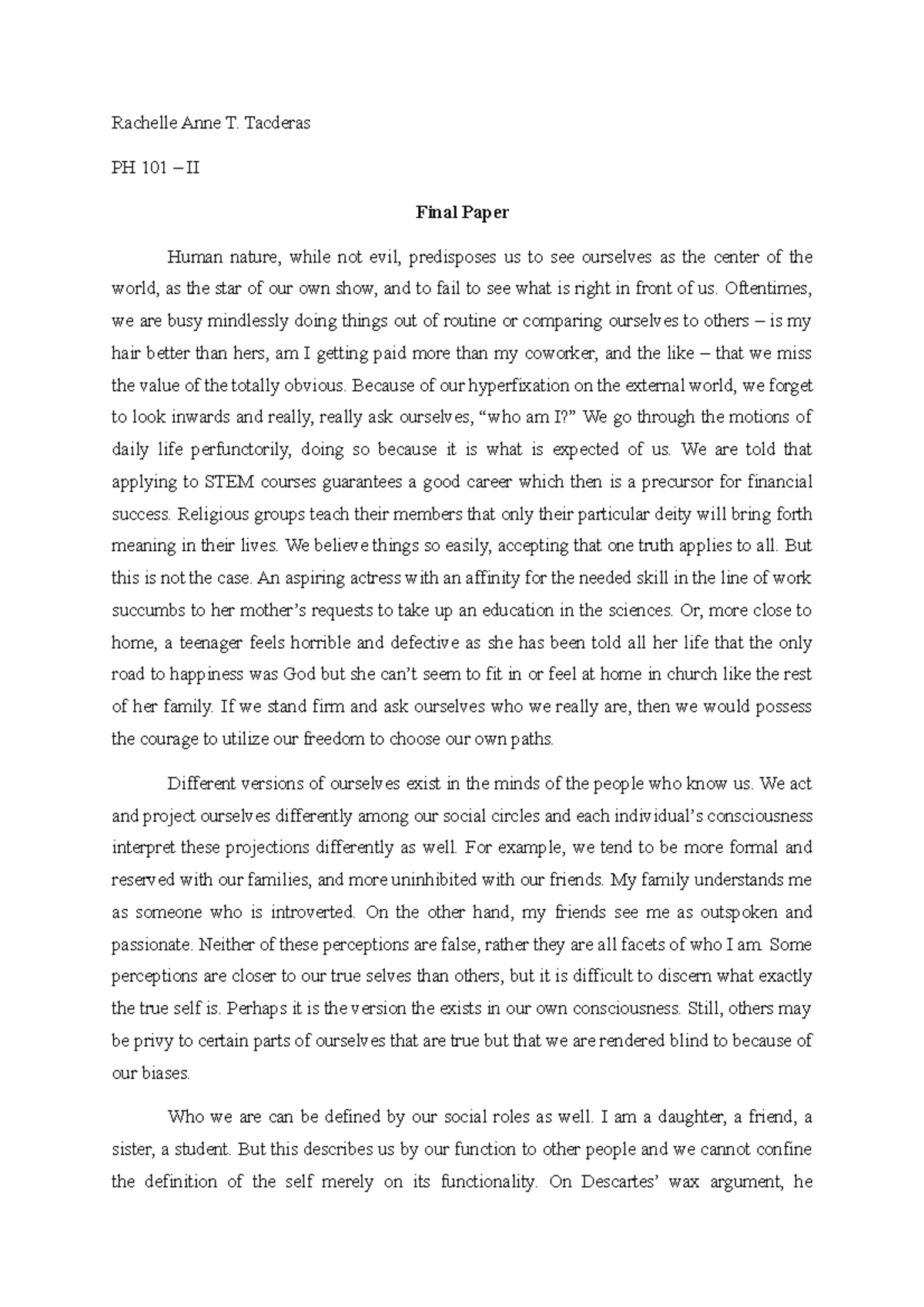 Philo 101 Paper (Descartes; Sartre) - Rachelle Anne T. Tacderas PH 101 ...