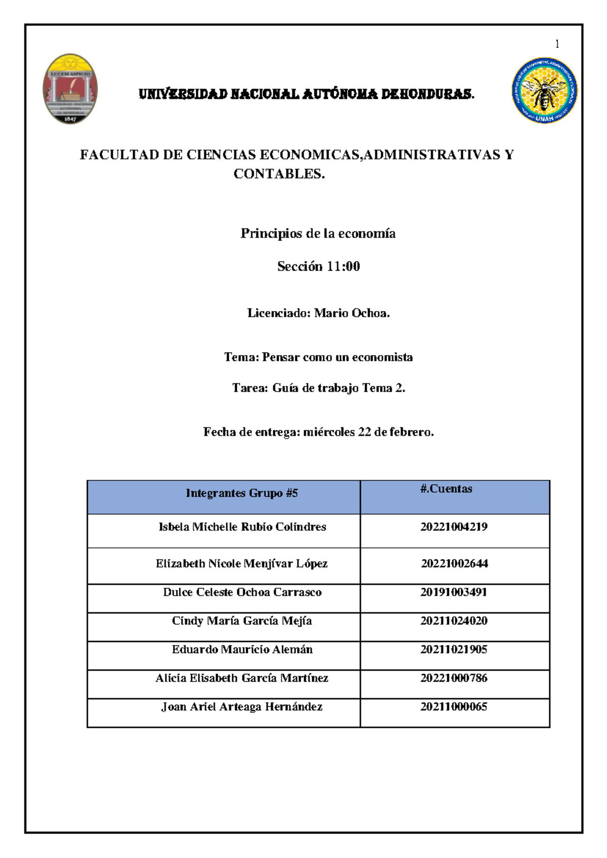 Pensar como un economista -Grupo 5 - UNIVERSIDAD NACIONAL AUT”NOMA DEHONDURAS. FACULTAD DE ...