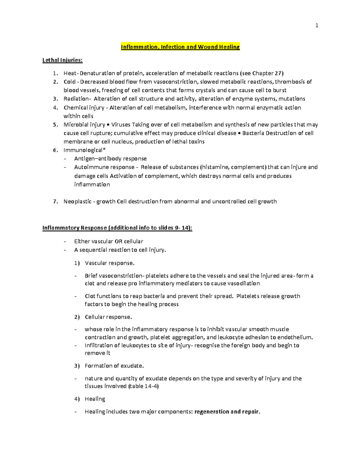 Week 4 - extra notes - inflammation - Inflammation, Infection and Wound ...