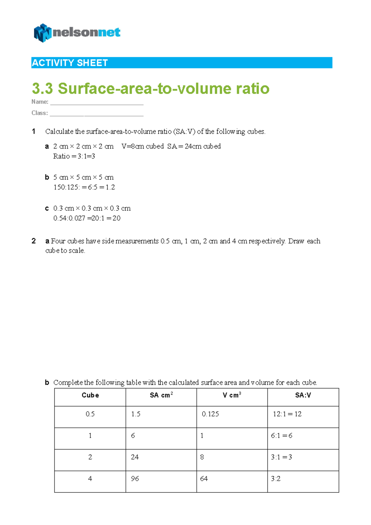 Surface-area-to-volume ratio worksheet - ACTIVITY SHEET 3 Surface-area ...