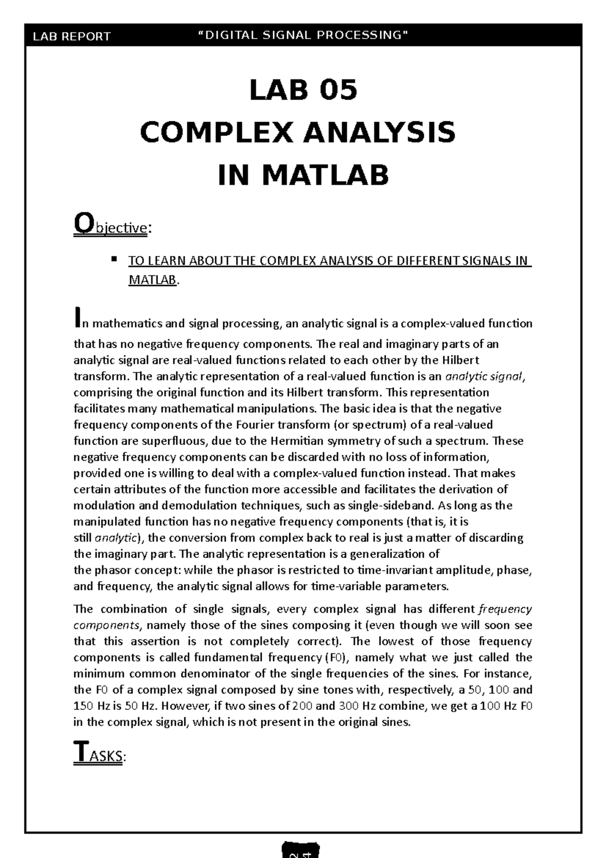 LAB 05 - LAB 05 COMPLEX ANALYSIS IN MATLAB O bjective : TO LEARN ABOUT ...
