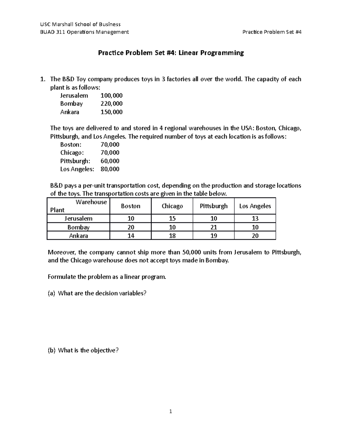 BUAD 311 Practice Problem Set 4 - USC Marshall School of Business BUAD ...