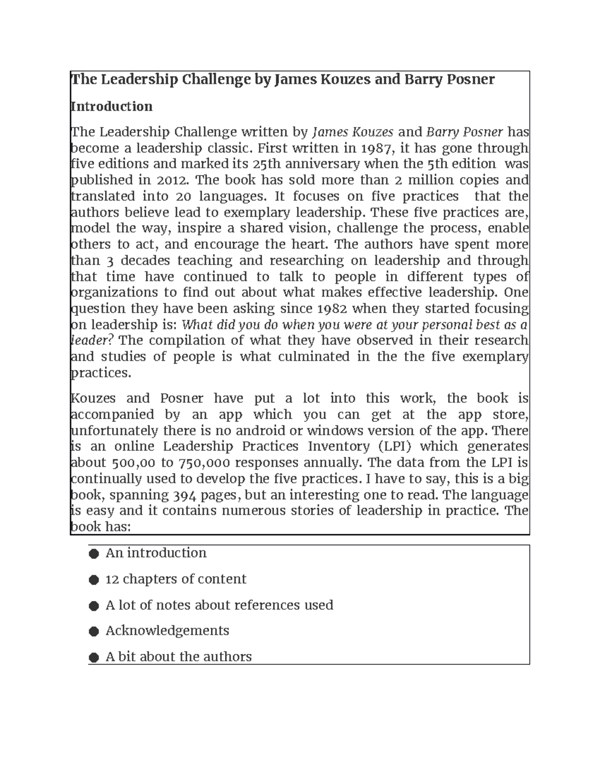 The Leadership Challenge by James Kouzes and Barry Posner - The ...