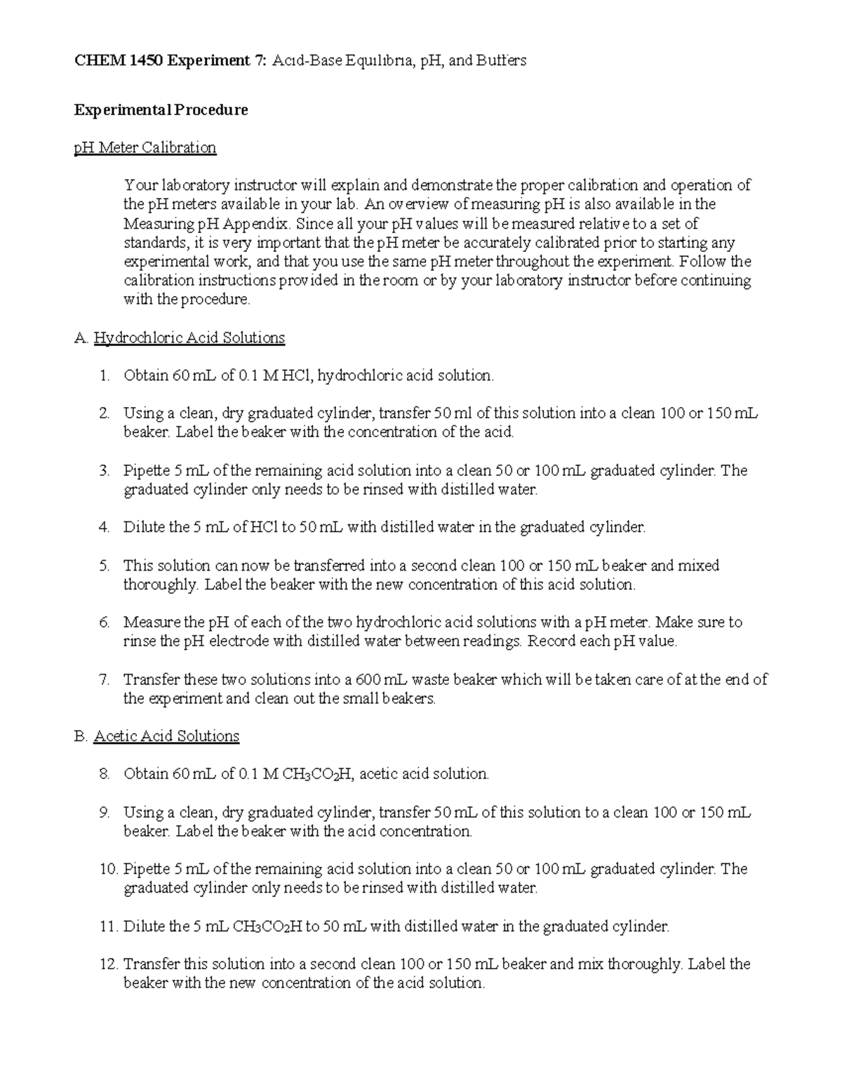 Exp 7 Procedure - CHEM 1450 Experiment 7: Acid-Base Equilibria, pH, and ...
