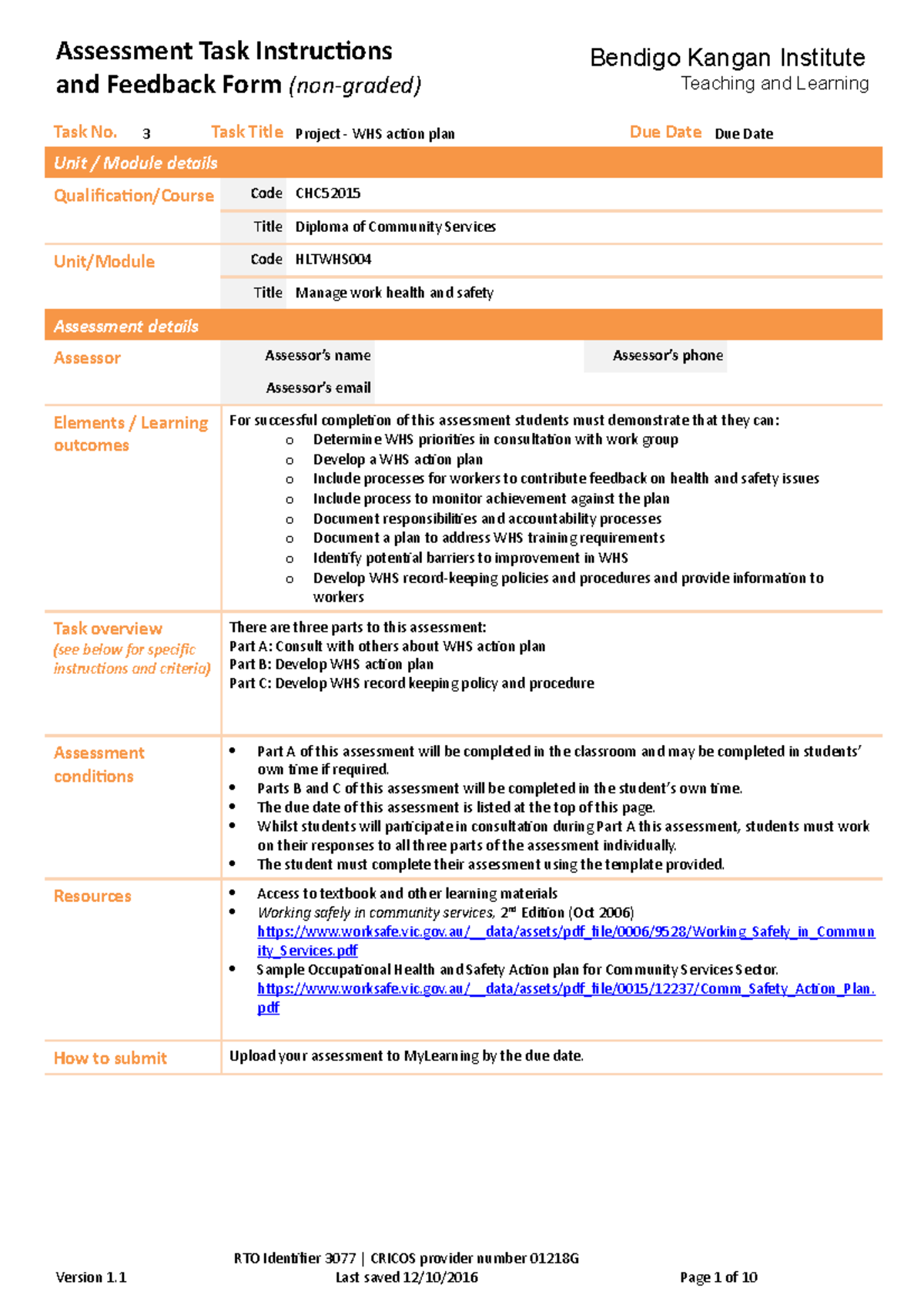 Hltwhs 004 AT3 Assessment Task 3 - Project- WHS Action Plan - and Feedback Form (non-graded ...