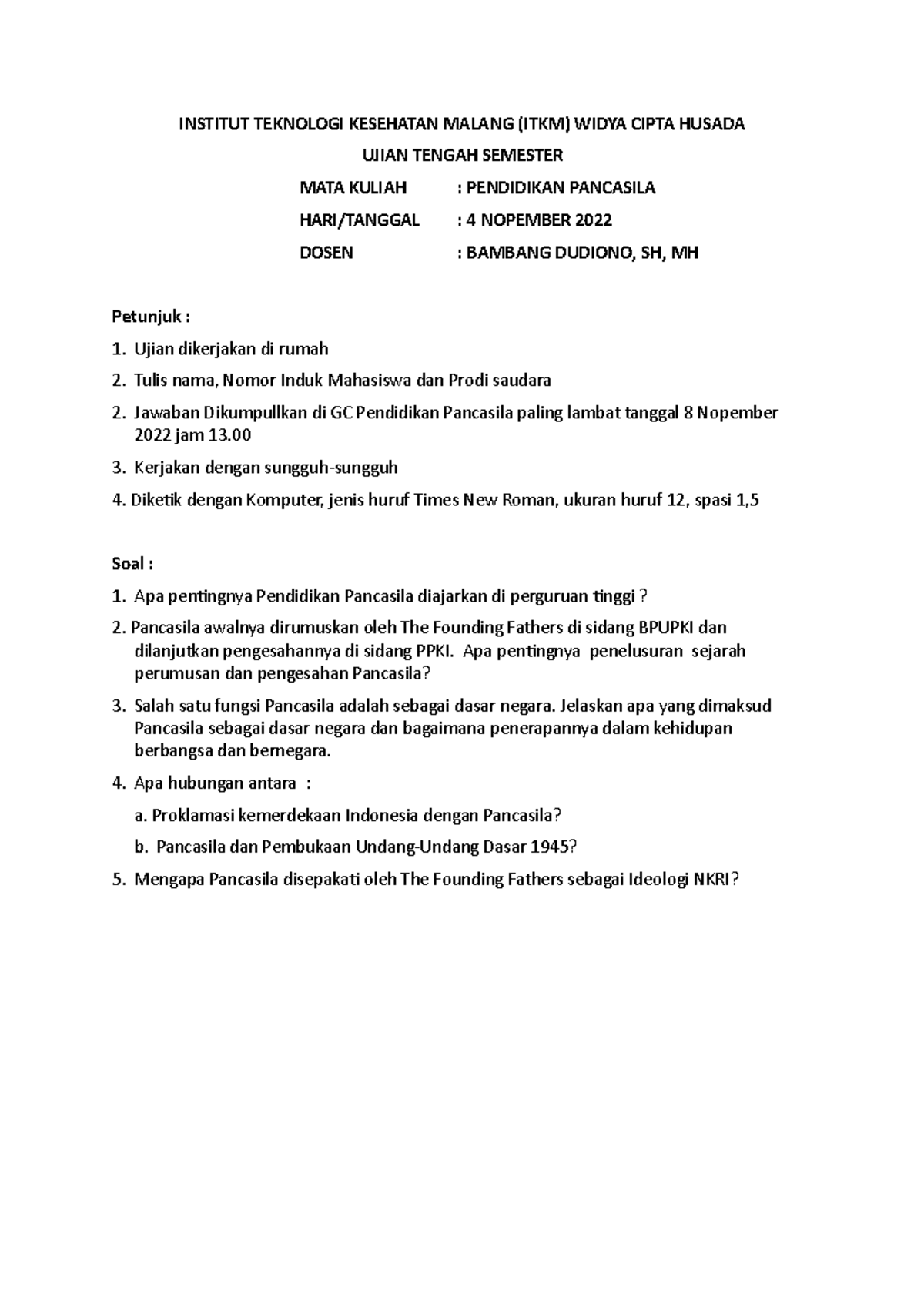 UTS Pendidikan Pancasila - INSTITUT TEKNOLOGI KESEHATAN MALANG (ITKM ...