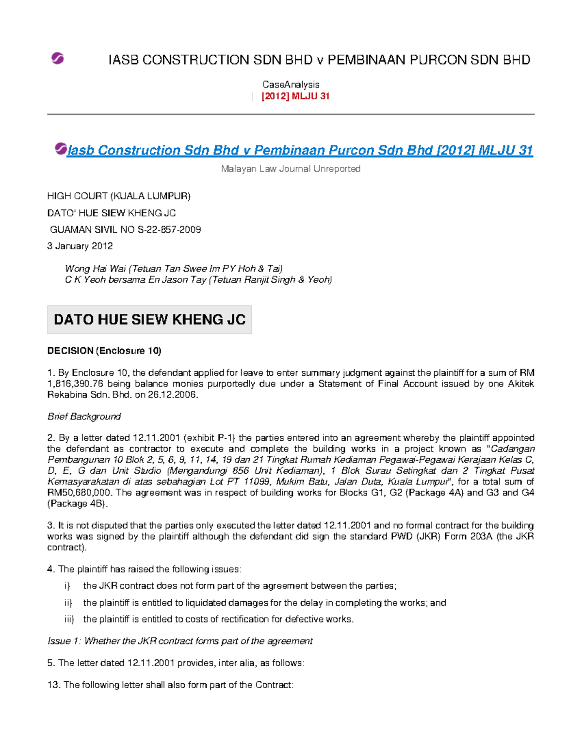 06. Iasb Construction Sdn Bhd v Pembinaan Purcon Sdn Bhd [2 - Bhd. on 26.12. Brief Background By ...