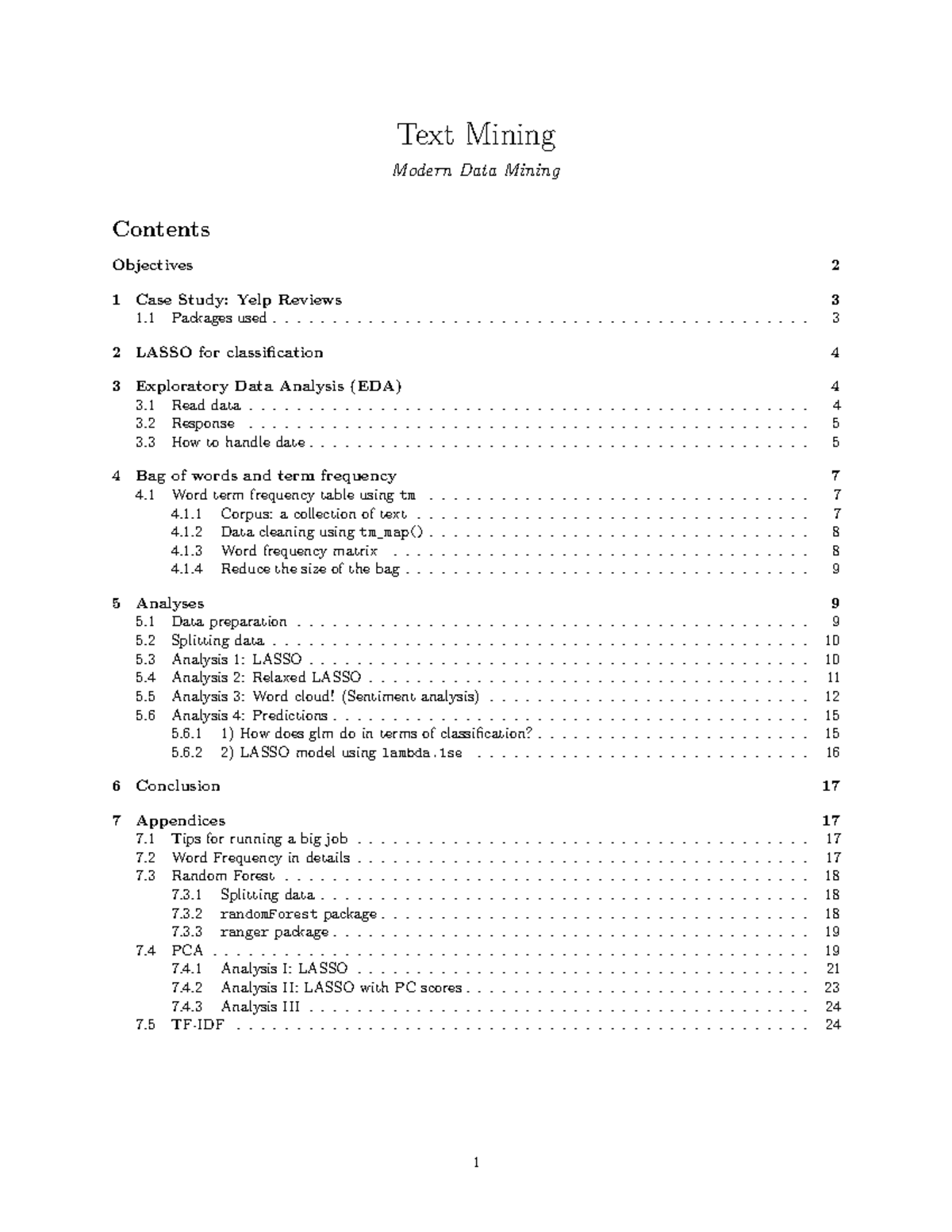 Lecture Text Mining - Text Mining Modern Data Mining Objectives Contents 1 Case Study: Yelp ...