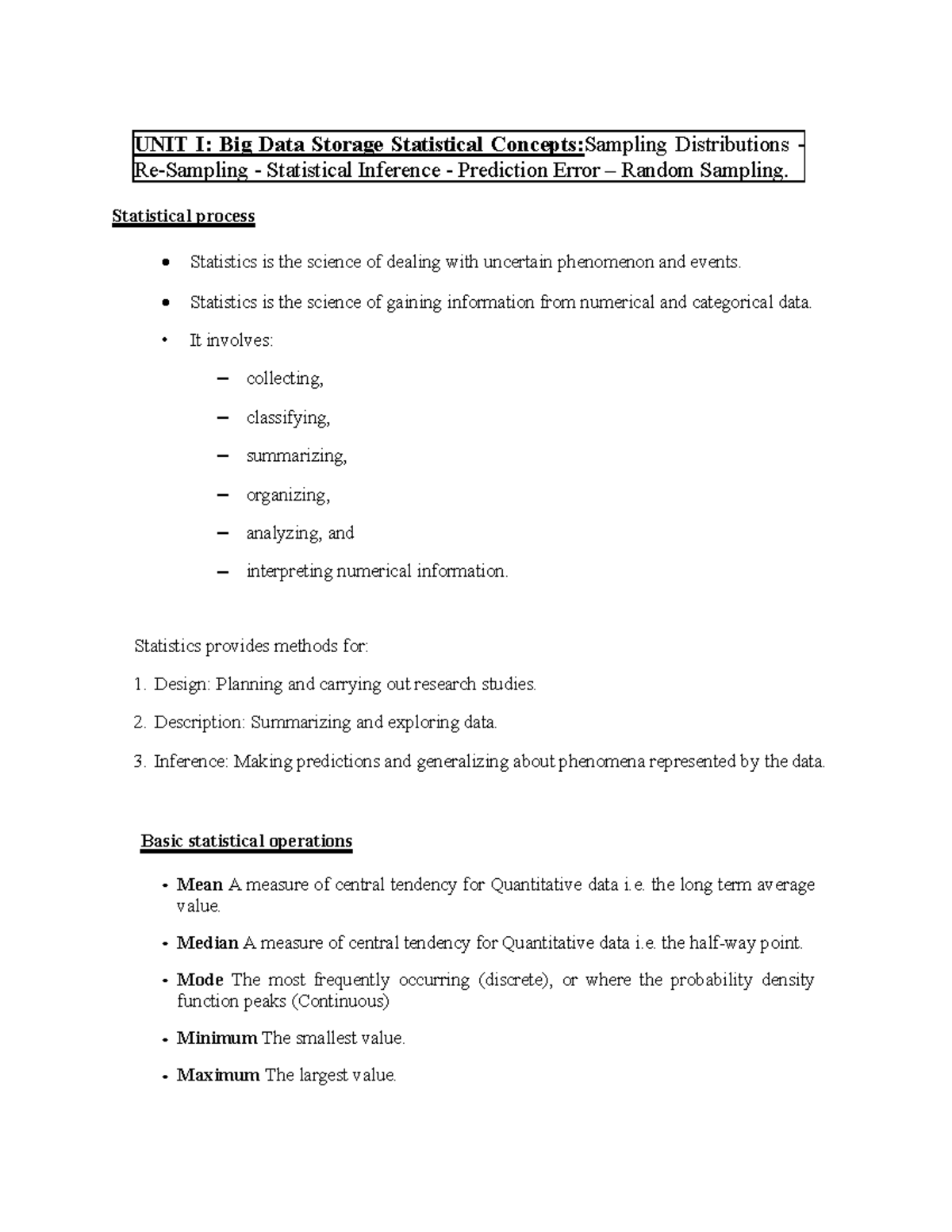 Statistical Process of bigdata - UNIT I: Big Data Storage Statistical Concepts:Sampling - Studocu