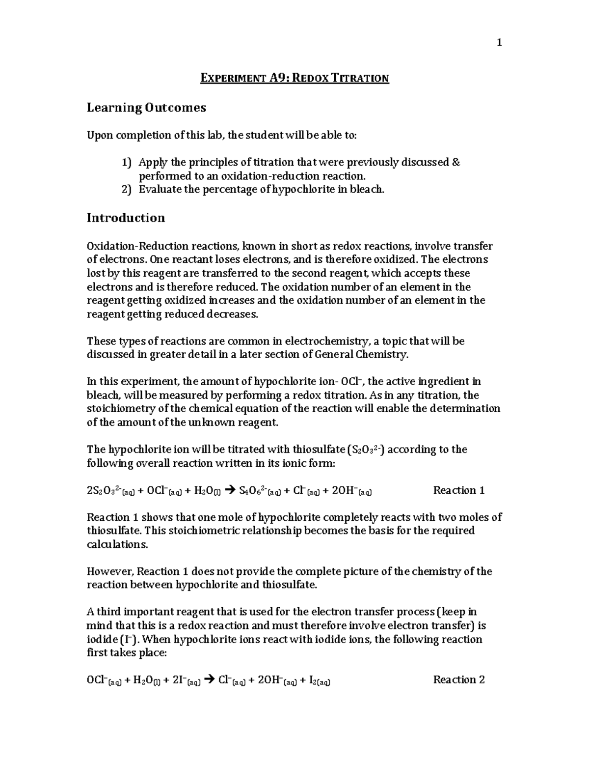 BIOL 10 Lab 9 - Lab manual - EXPERIMENT A9: REDOX TITRATION Learning ...