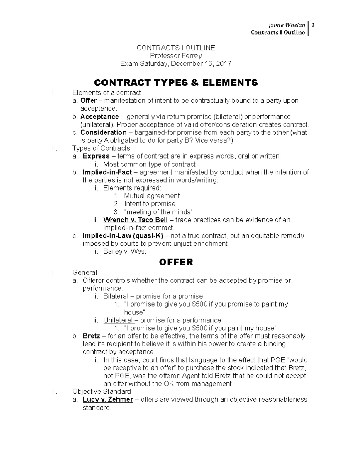 Final Contracts I outline - Jaime Whelan 1 Contracts I Outline ...