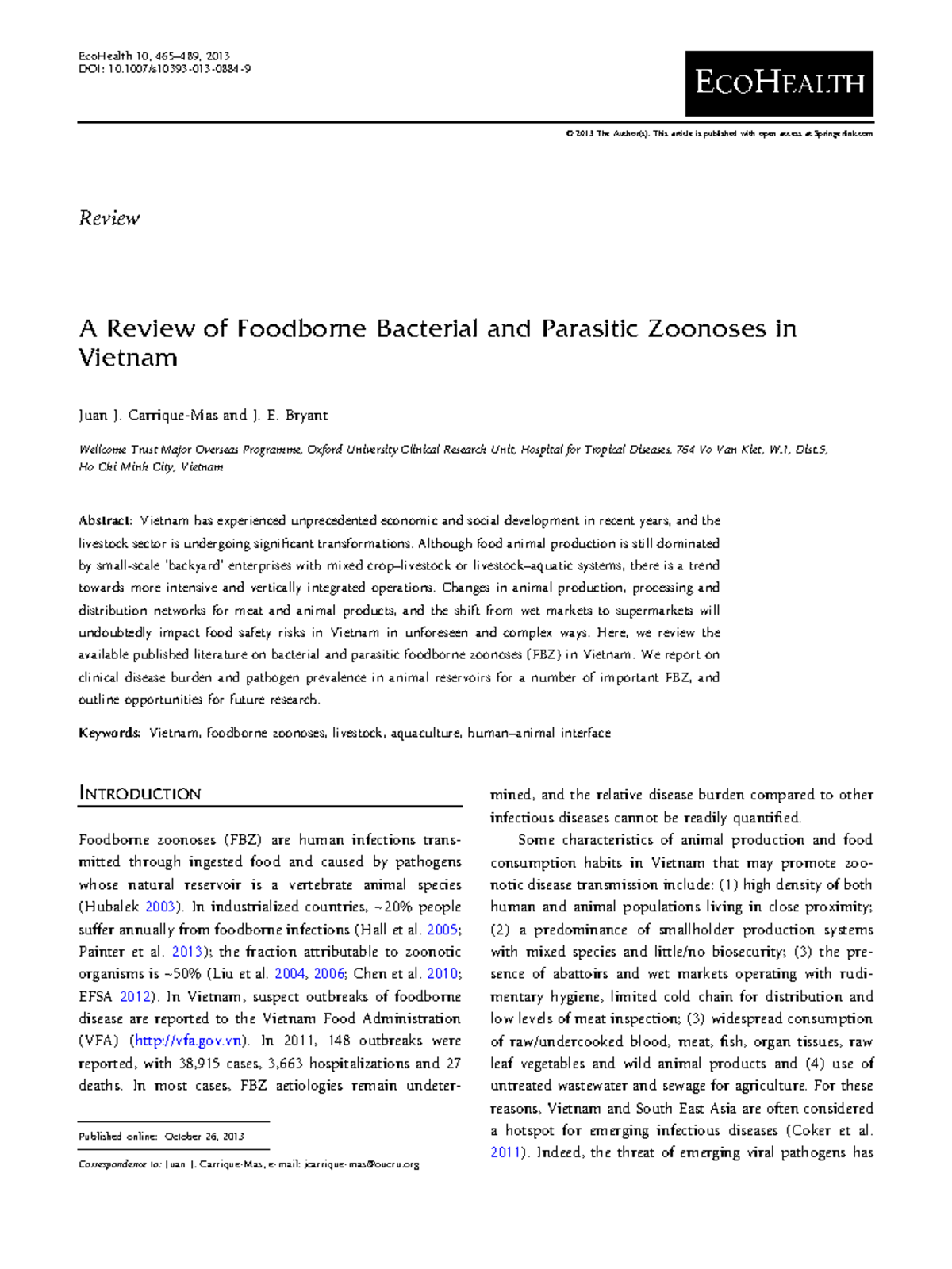 Foodborne Bacterial and Parasitic Zoonoses in Vietnam - Carrique-Mas ...