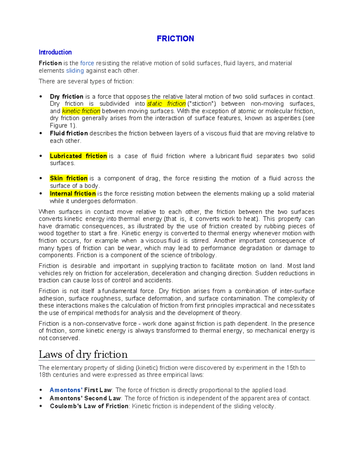 Engine Friction - NOTES - FRICTION Introduction Friction is the force ...