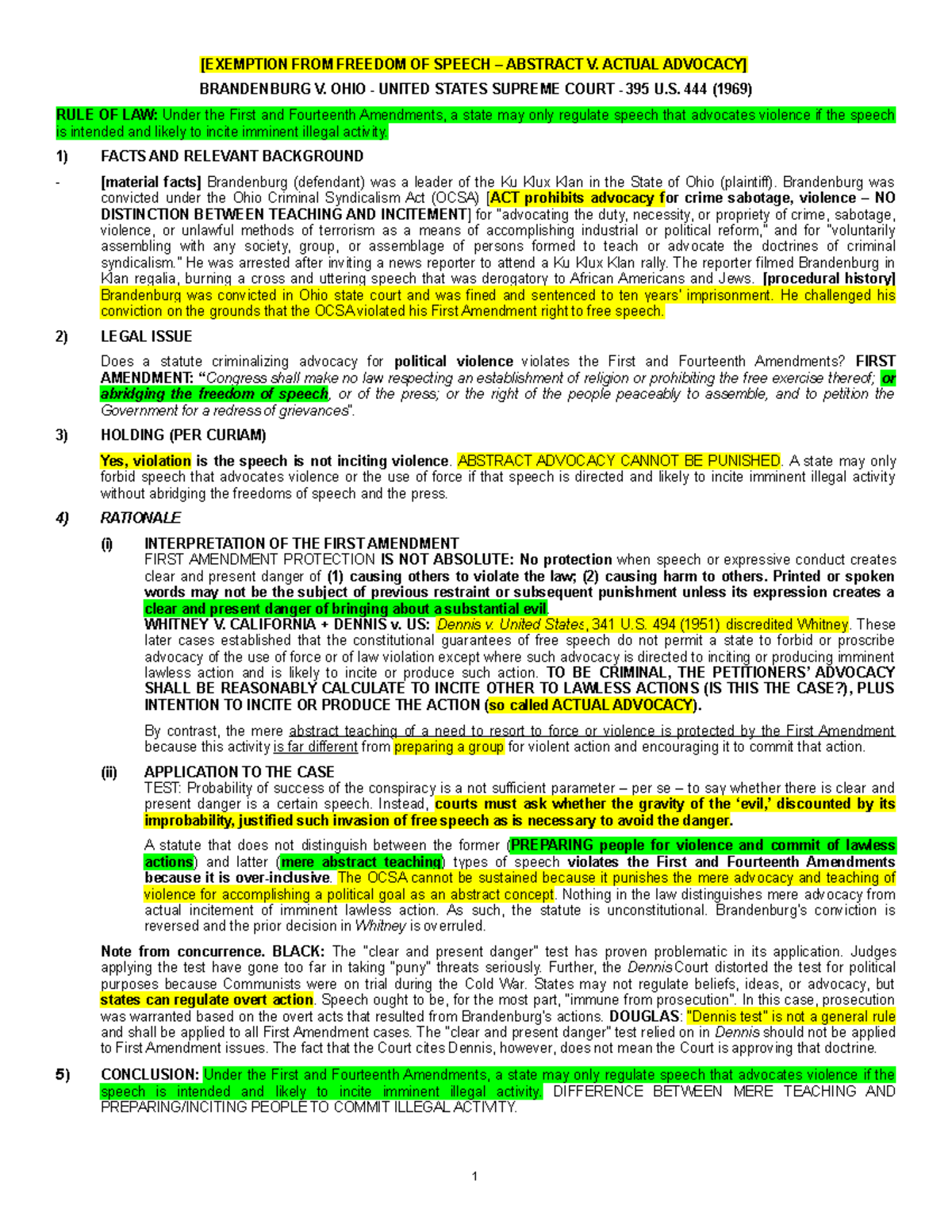 Case brief Brandenburg v. Ohio - [EXEMPTION FROM FREEDOM OF SPEECH ...