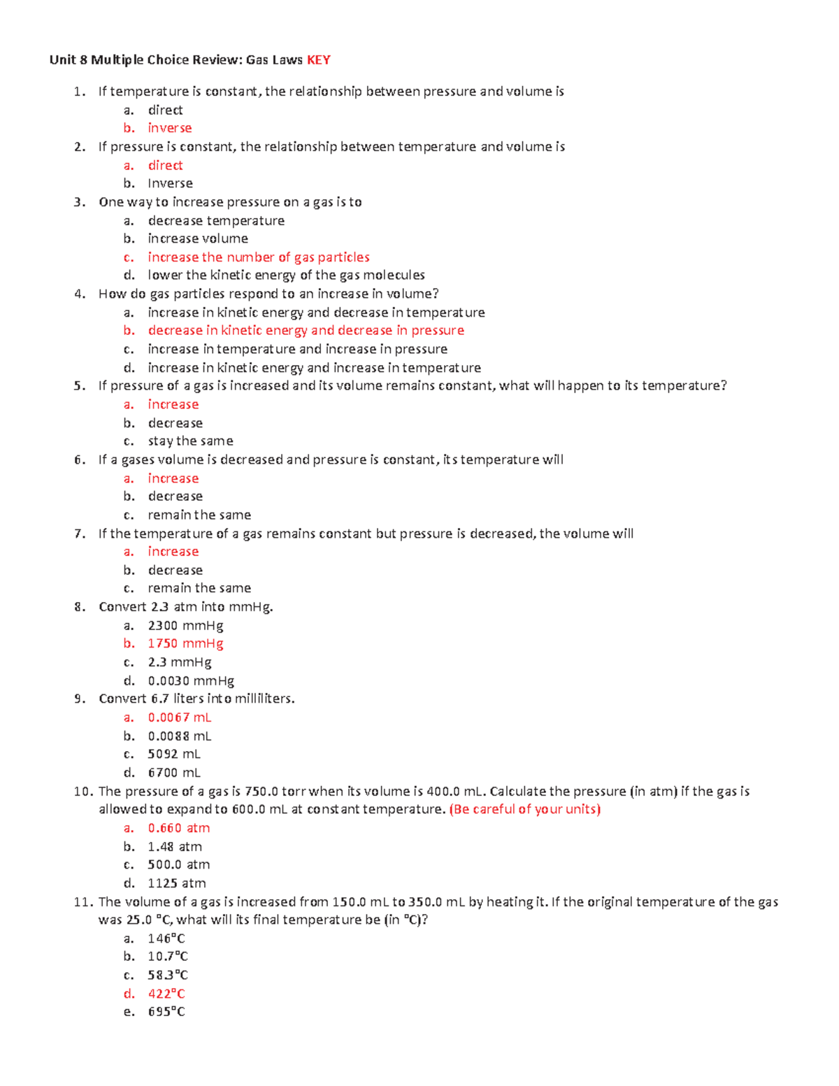 Test Review Key gas - Notes - hŶŝƚ Θ DƵůƚŝƉůĞ ŚŽŝĐĞ ZĞǀŝĞǁ͗ 'ĂƐ >ĂǁƐ