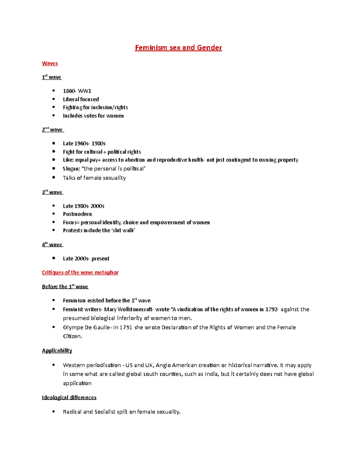 Femenism , sex and gender notes - Feminism sex and Gender Waves 1 st ...