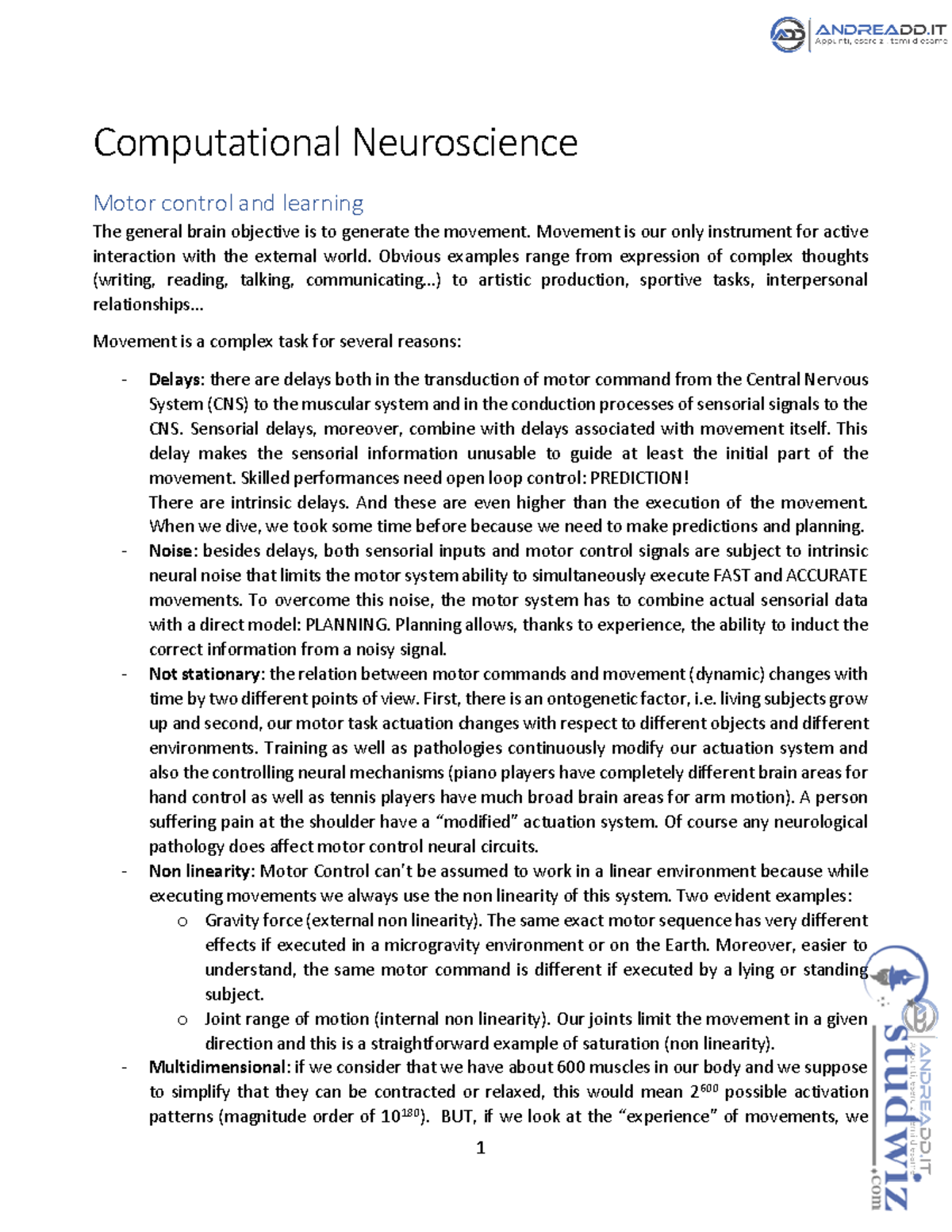 Neuro parte 2 - appunti - Computational Neuroscience Motor control and ...