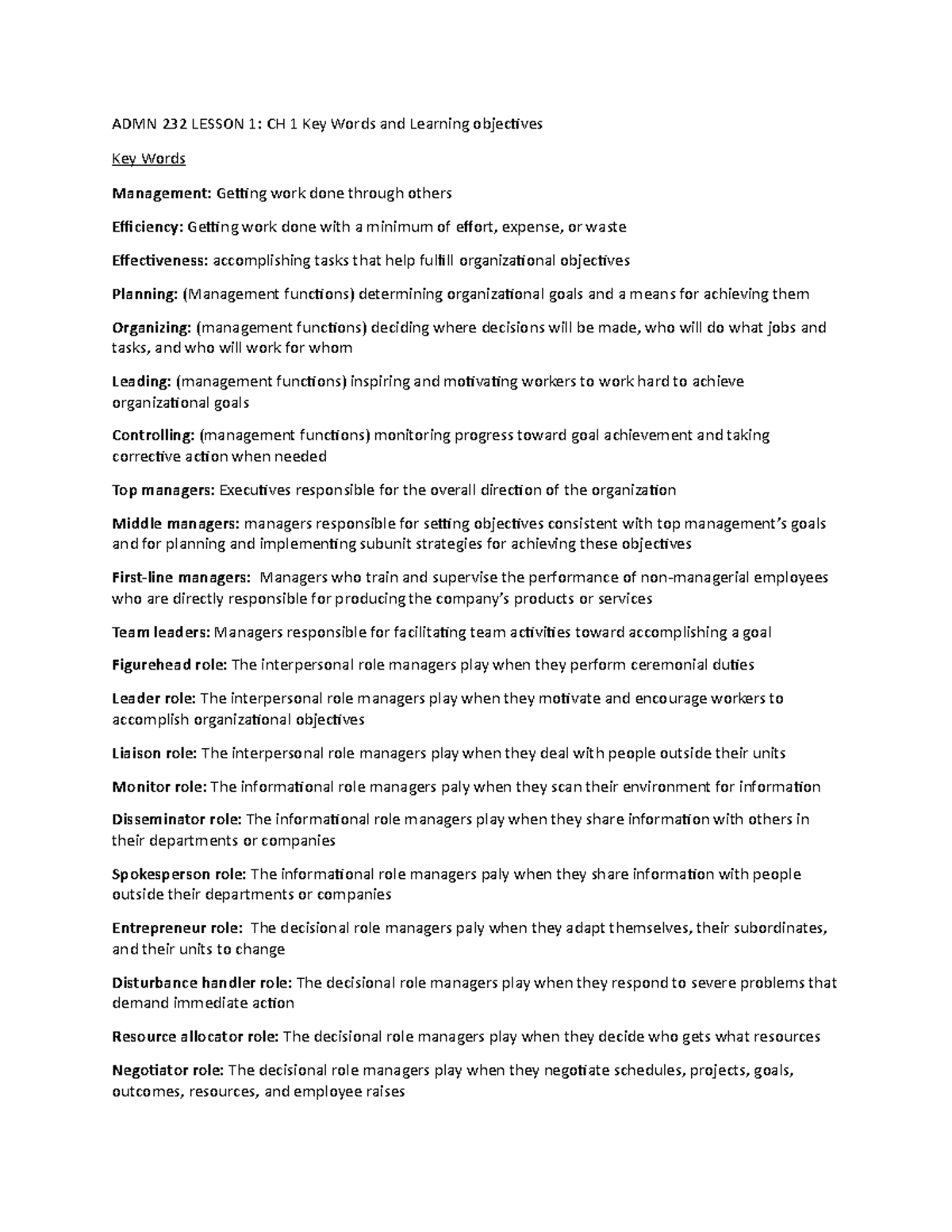 ADMN 232 Lesson 1 - ADMN 232 LESSON 1: CH 1 Key Words and Learning ...