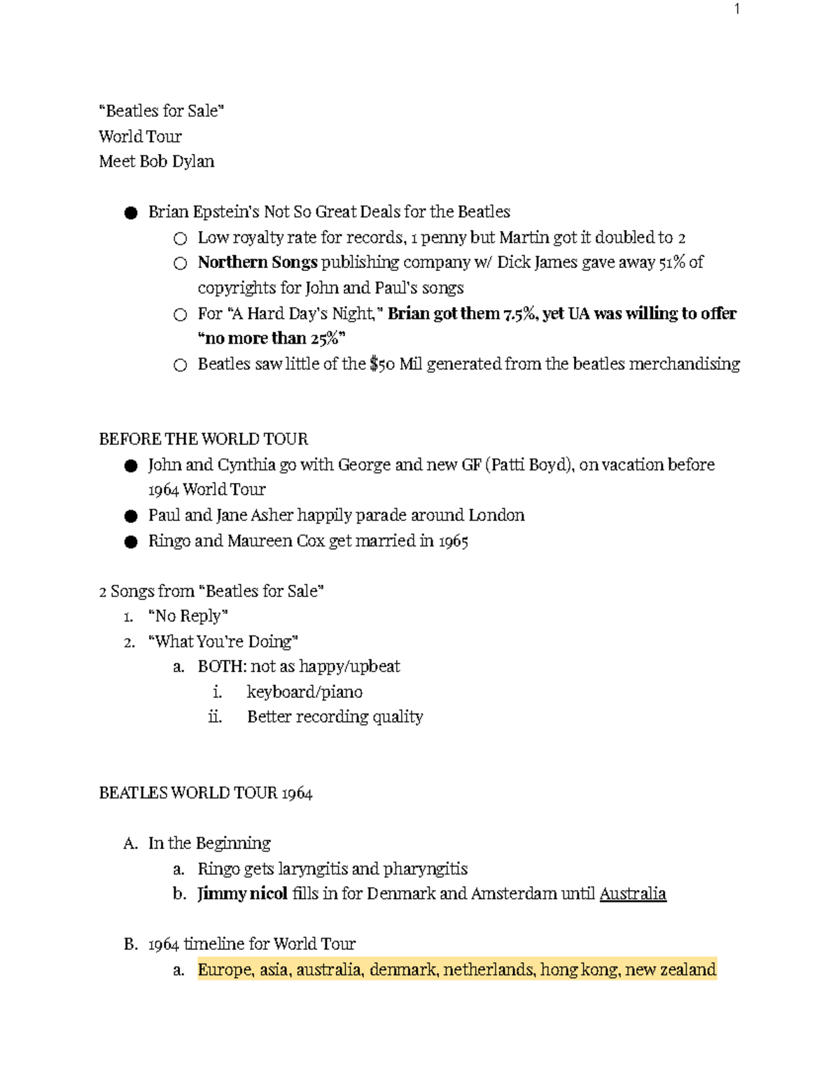Study guide 2 - “Beatles for Sale” World Tour Meet Bob Dylan Brian ...