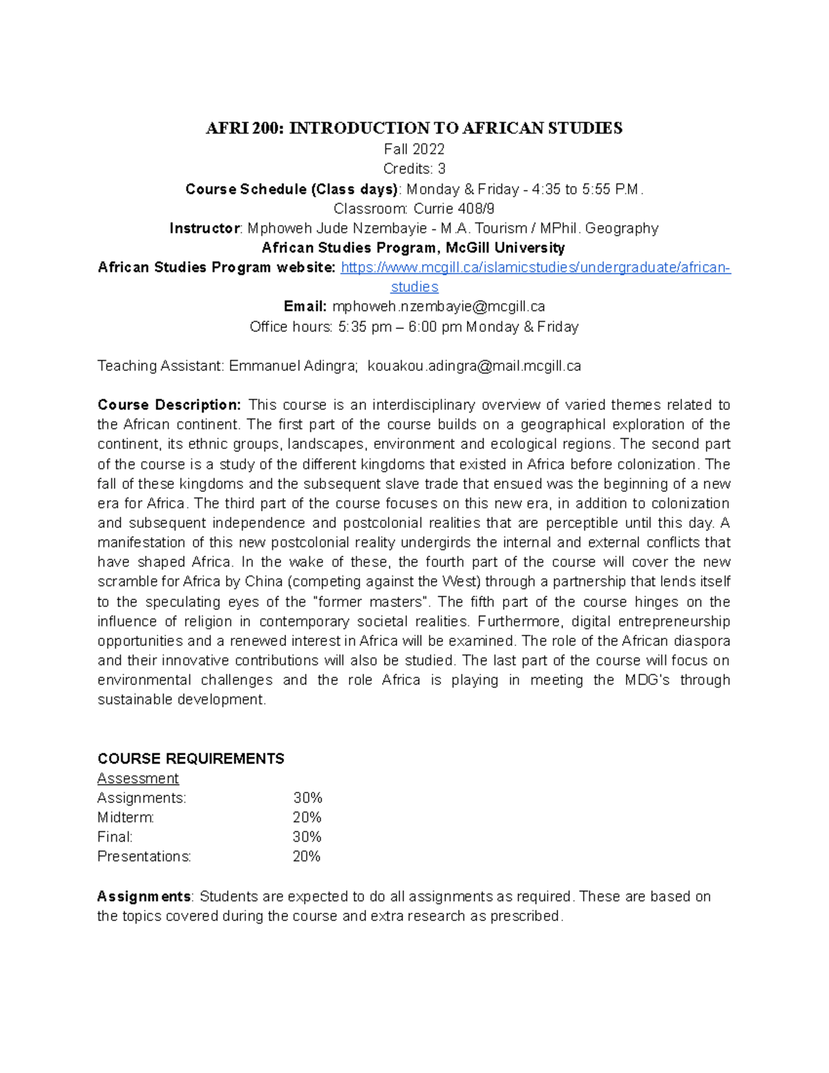 Intro African Studies - Outline - AFRI 200: INTRODUCTION TO AFRICAN ...