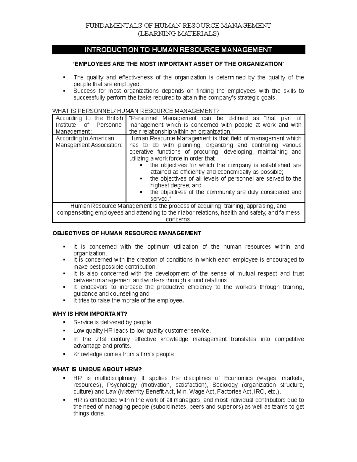 HRM Materil 2023 Session - FUNDAMENTALS OF HUMAN RESOURCE MANAGEMENT ...