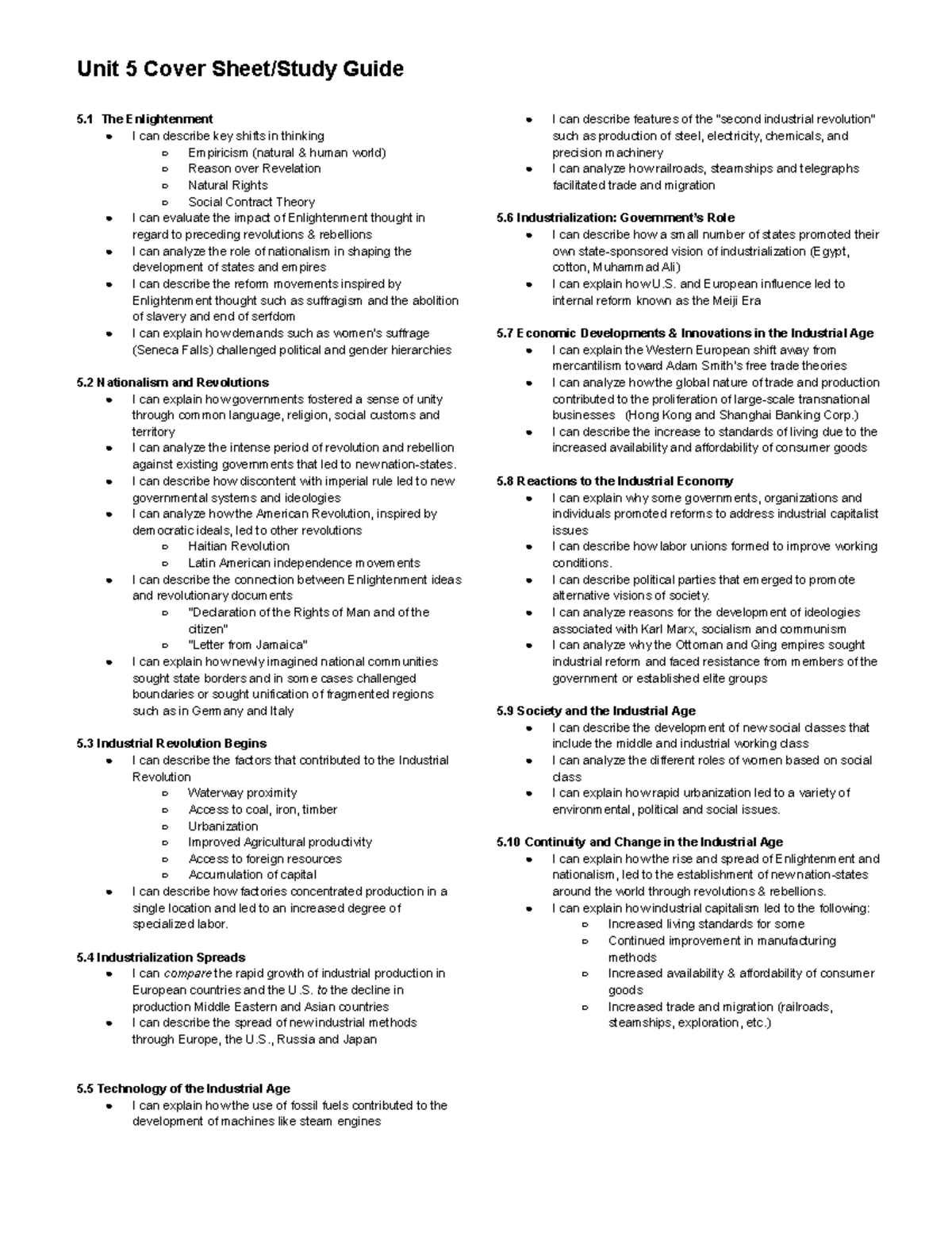 Unit 5 Cover Sheet Study Guide - I can describe how discontent with ...