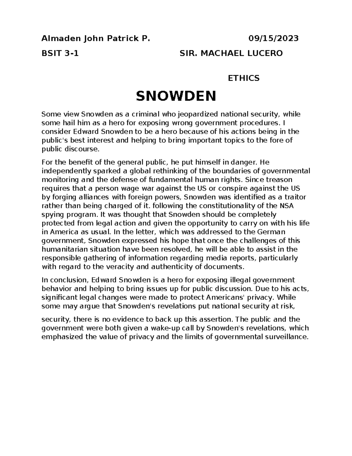 Ethics Assignment 1 - sdsdsd - Almaden John Patrick P. 09/15/ BSIT 3-1 ...