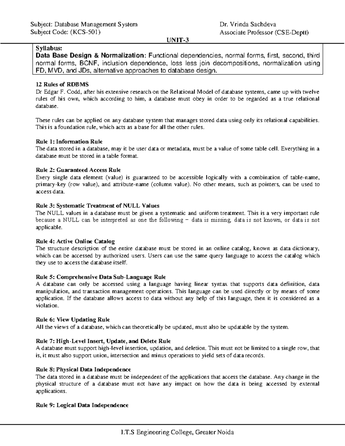 DBMS unit 3 - LECTURE NOTES - Subject Code: (KCS-501) Associate ...
