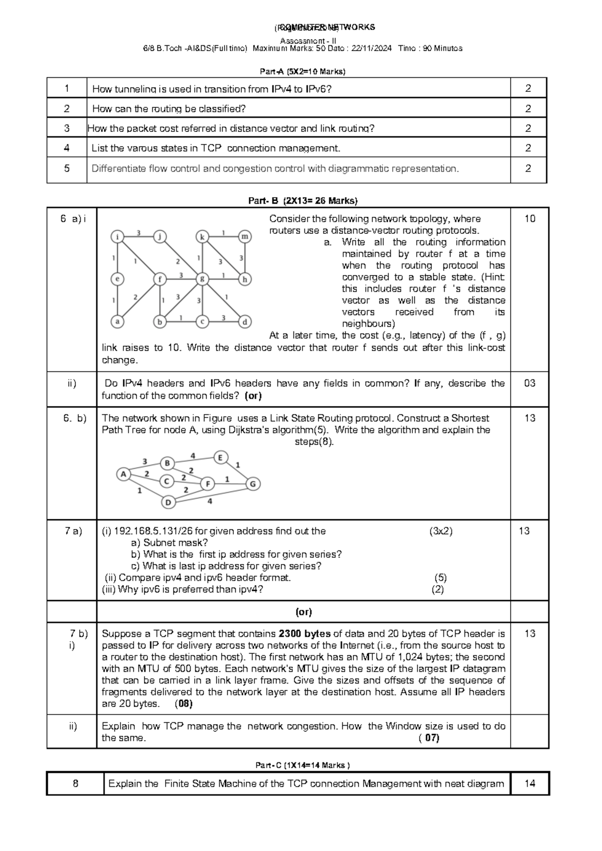 CN ASsesment II NOV 2024 - (Regulation 2019)COMPUTER NETWORKS Assessment - II 6/8 B - AI&DS(Full ...