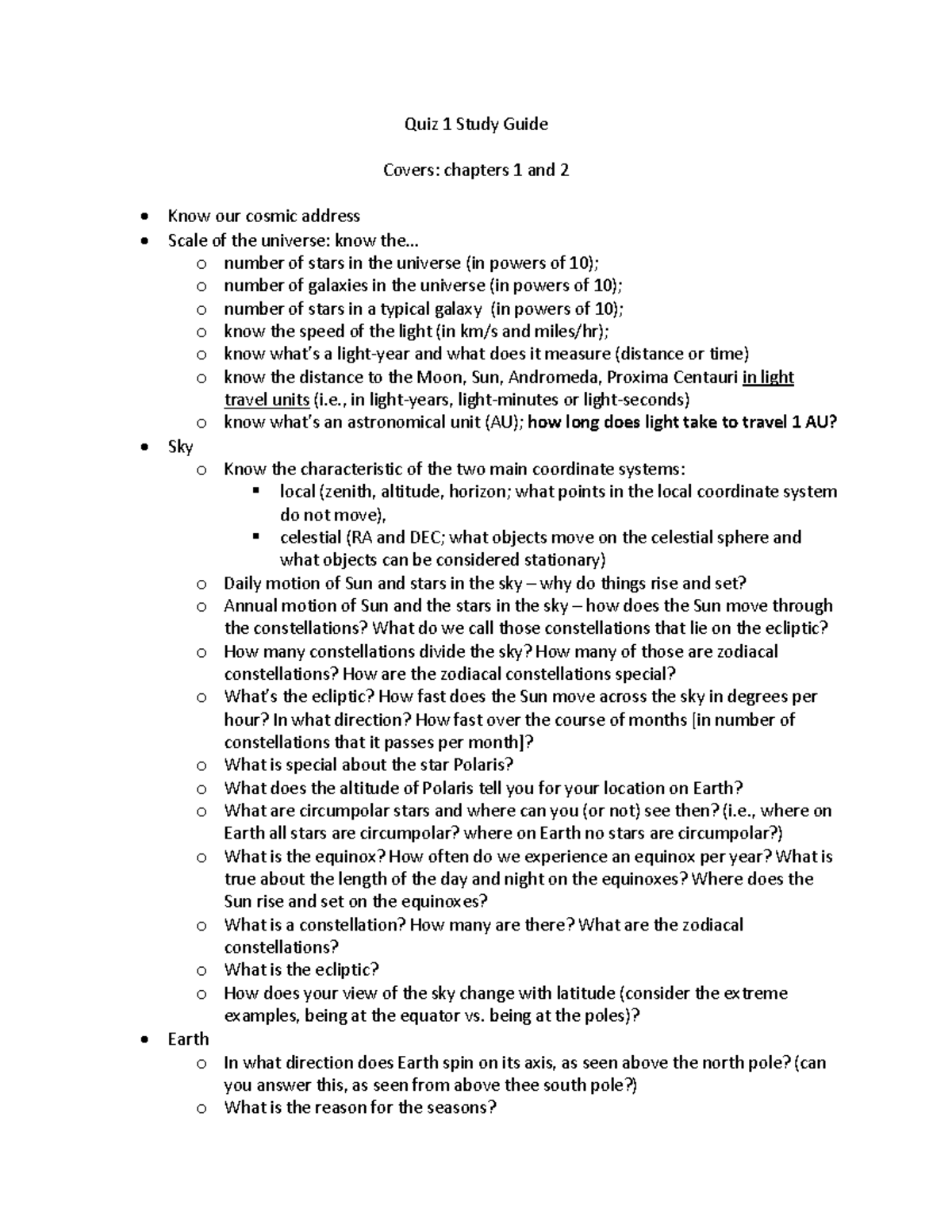 AST Quiz-1-Study-Guide - Quiz 1 Study Guide Covers: chapters 1 and 2 Know our cosmic address ...