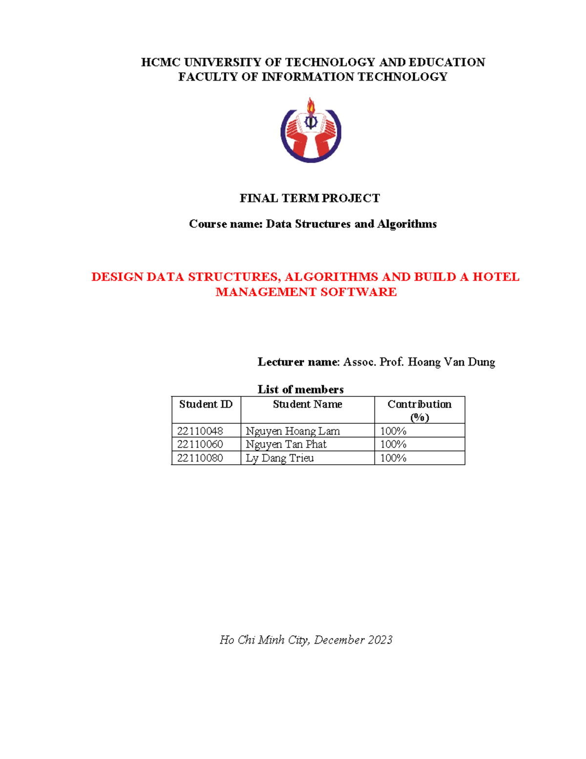 Dasaproject - Final project - HCMC UNIVERSITY OF TECHNOLOGY AND EDUCATION FACULTY OF INFORMATION ...