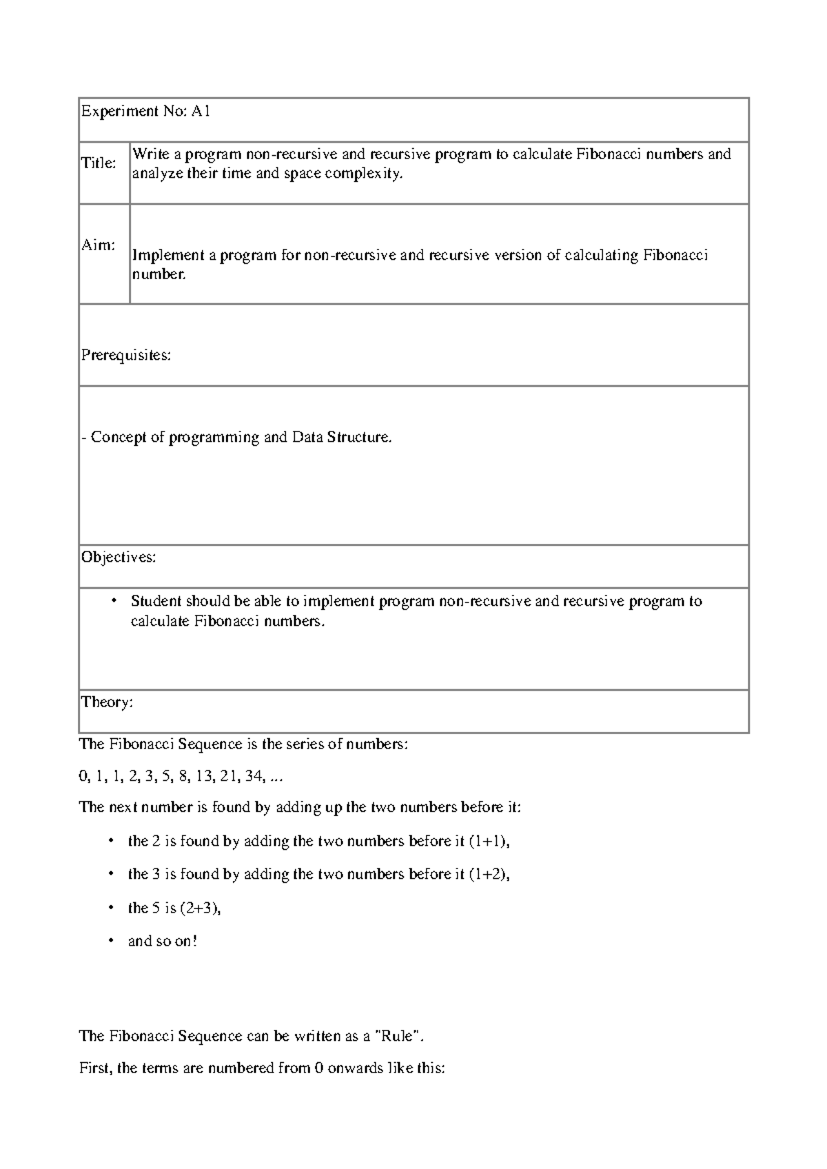 Daa Assignment 1 And 2 Experiment No A Title Write A Program Non Recursive And Recursive 