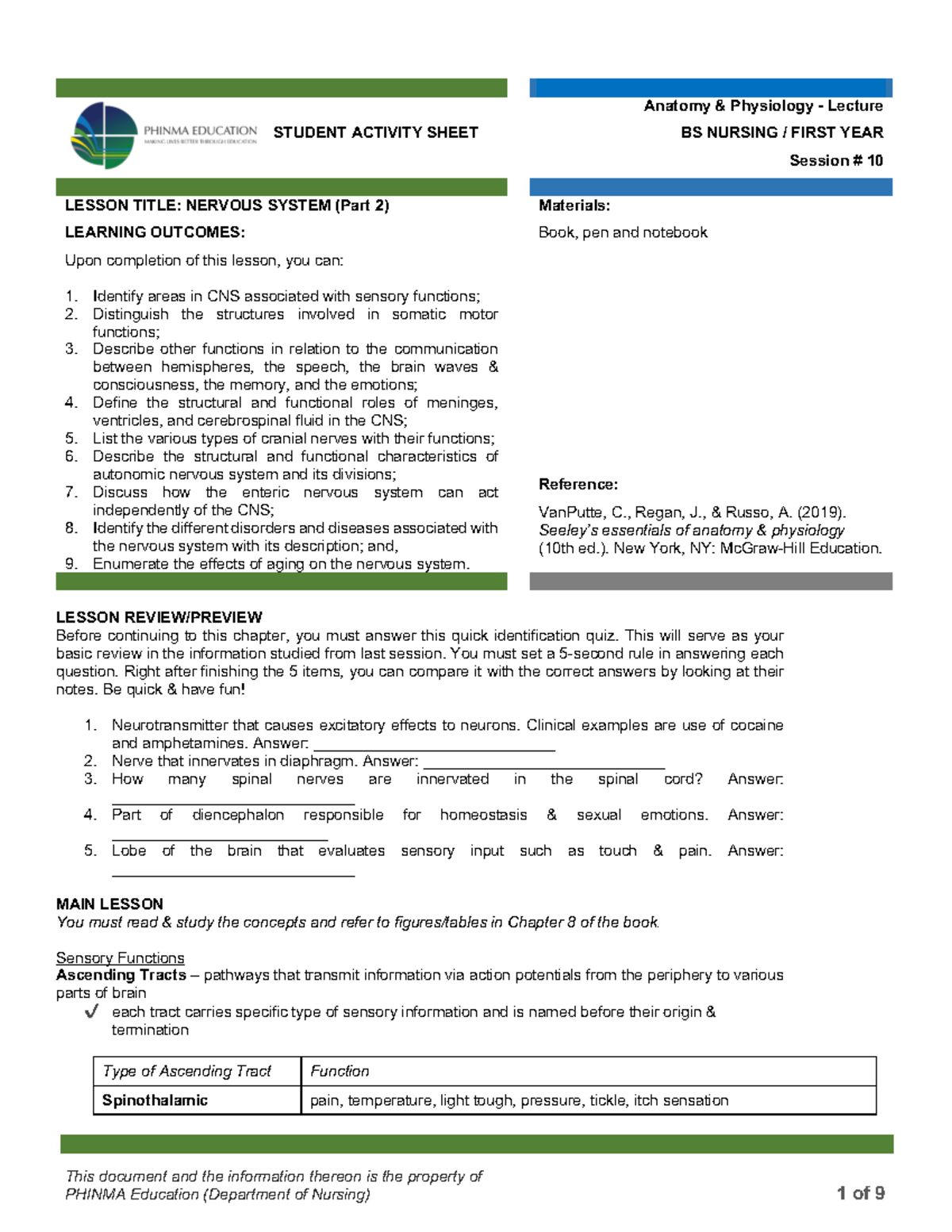 Lecture #10 anaphy - anatomy and physiology - This document and the ...