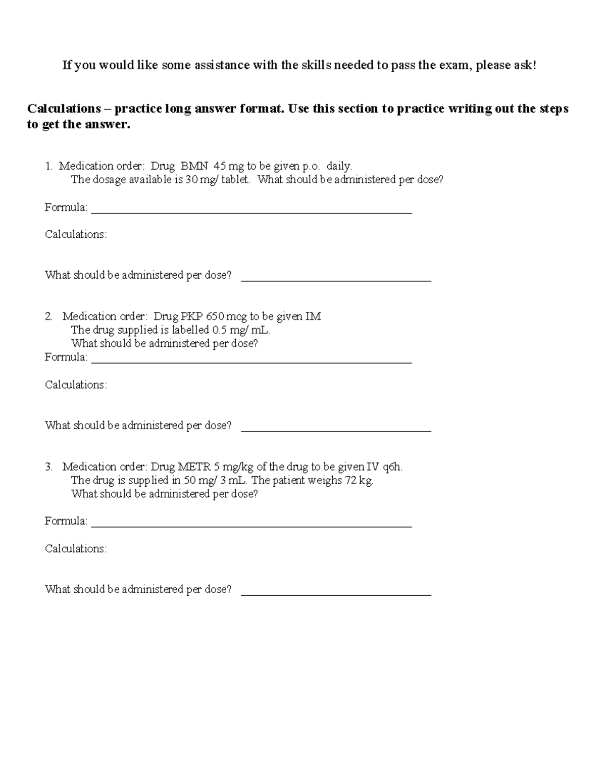 Practice Calculations #5 - If you would like some assistance with the ...