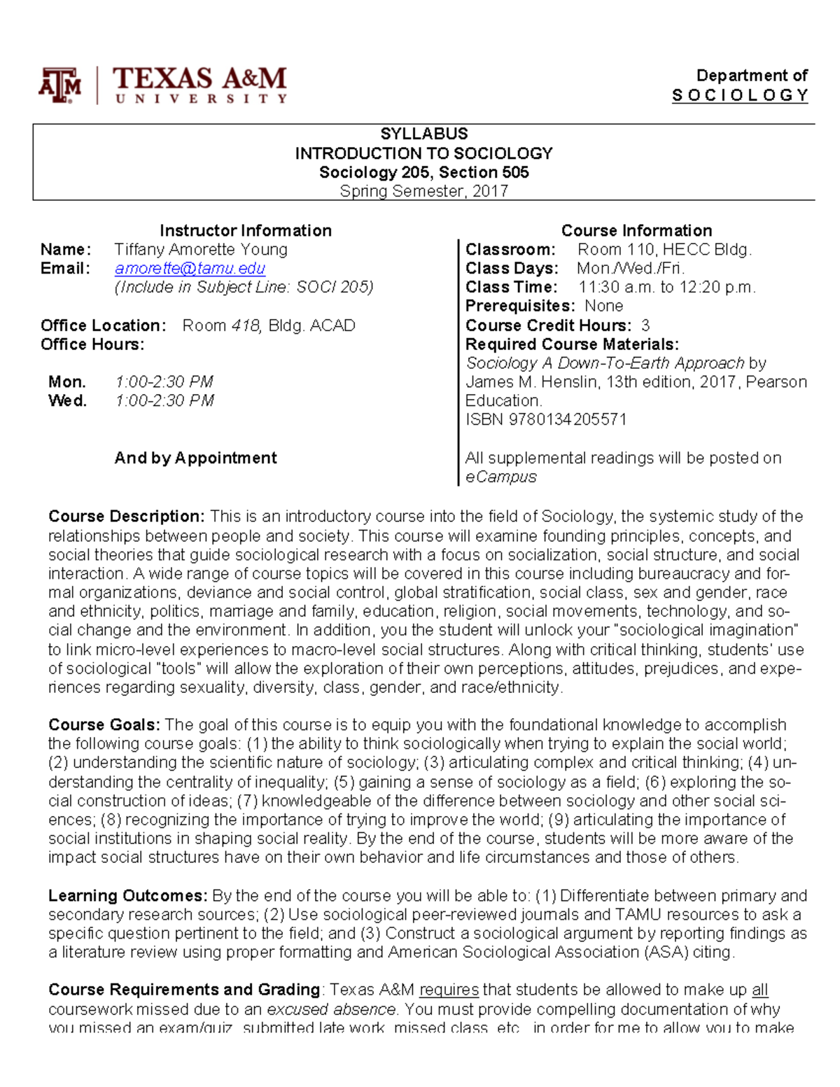 Syllabus Introduction to Sociology - Department of S O C I O L O G Y ...