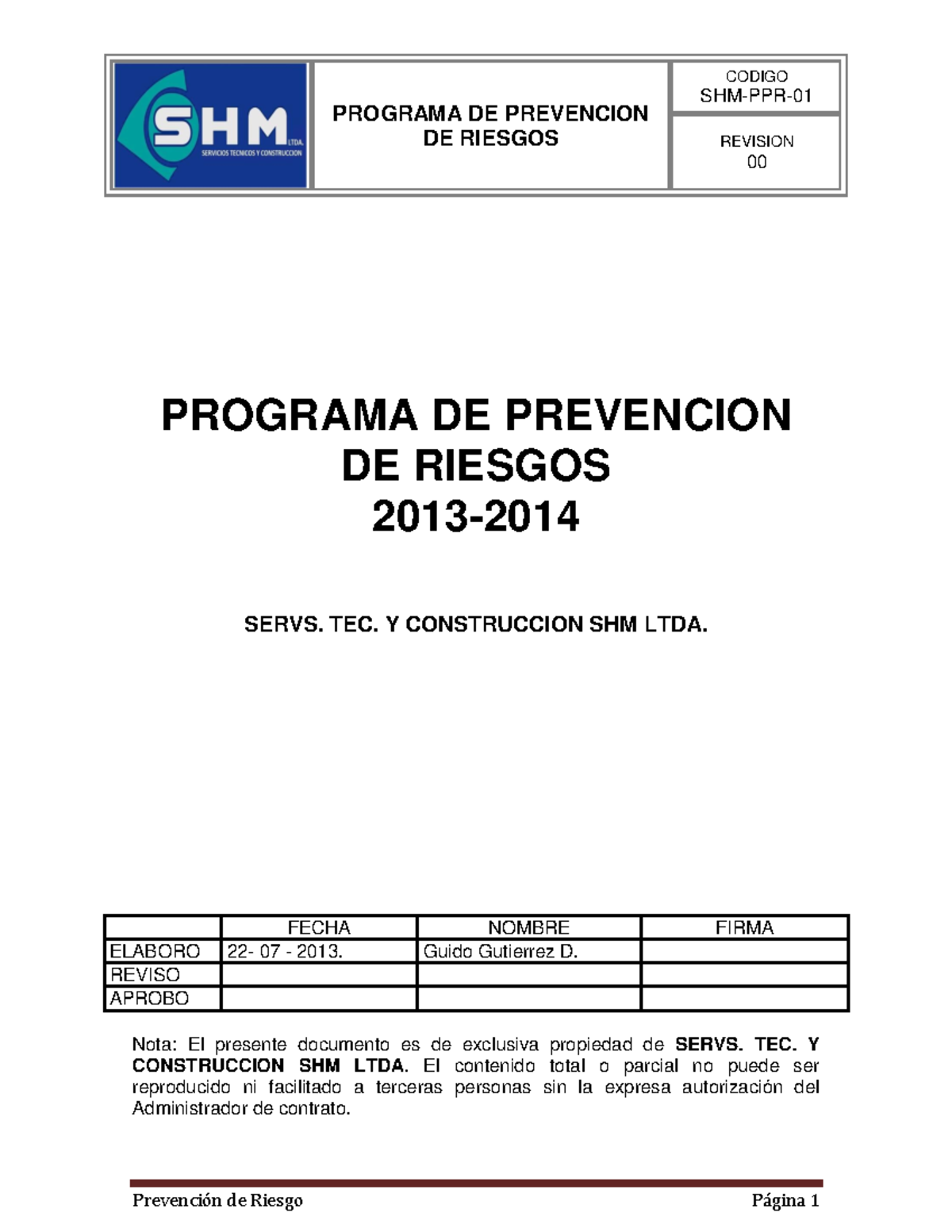 Plan o Programa de Prevencion de Rie - PROGRAMA DE PREVENCION DE RIESGOS SHM-PPR- 01 REVISION 00 ...