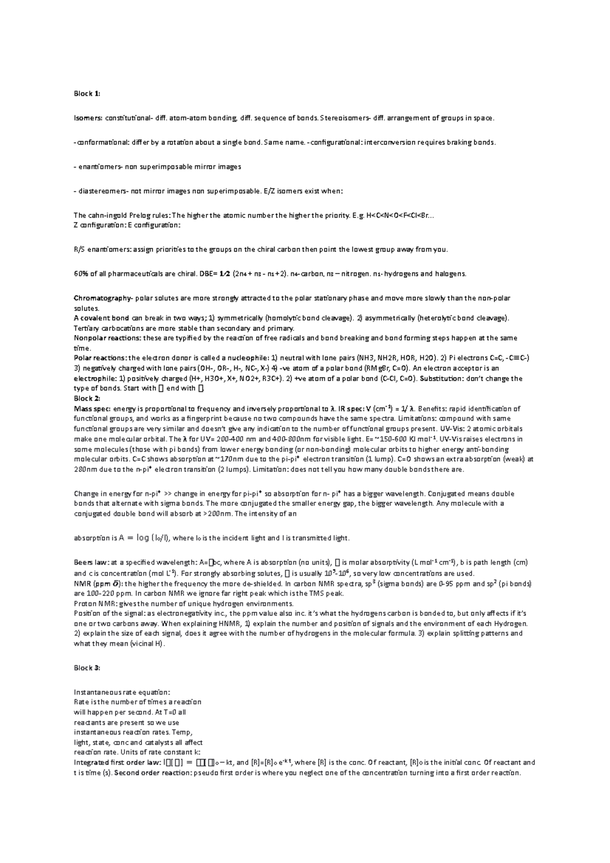 Chem block 1, block 2 and block 3 summary - Block 1: Isomers ...