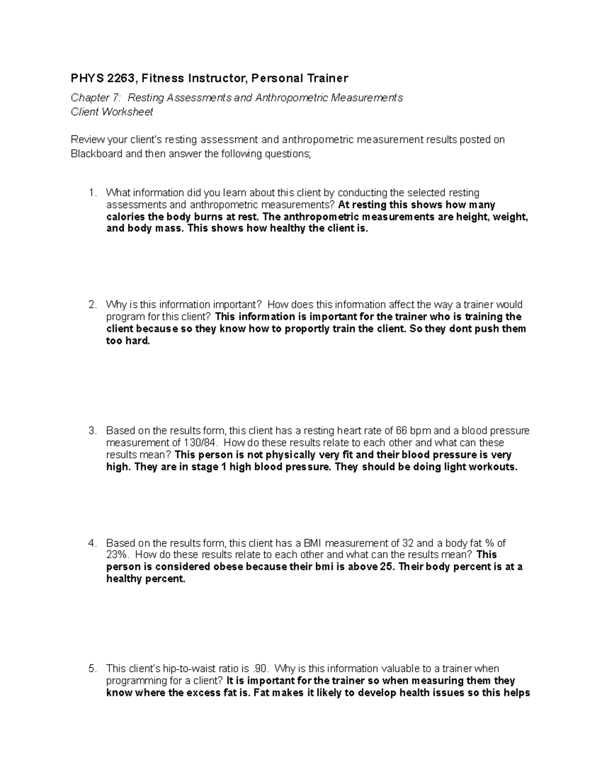 PT chapter 7 cliant worksheet - PHYS 2263, Fitness Instructor, Personal ...