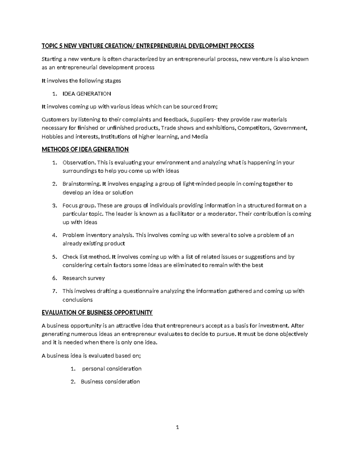 BCHM Topic 5 - Good - TOPIC 5 NEW VENTURE CREATION/ ENTREPRENEURIAL ...