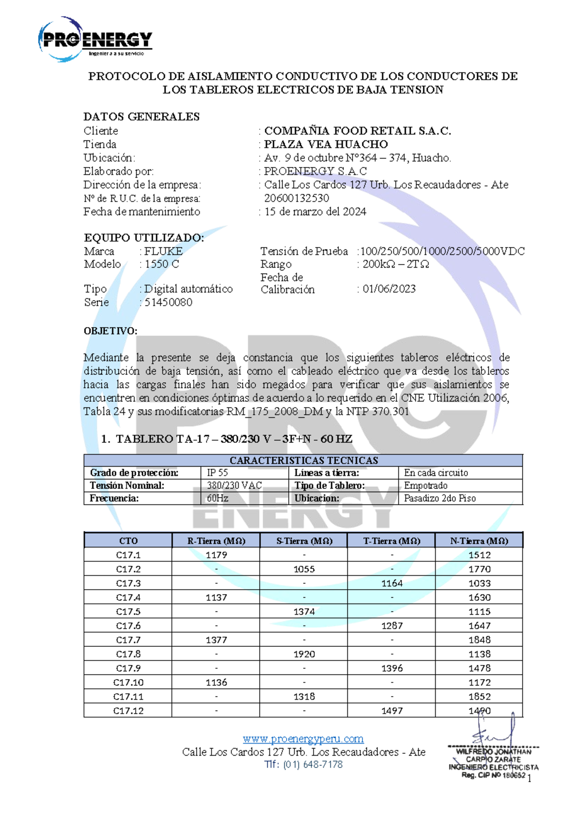 Certificado DE Megado DE Cables Proenergy PV Huacho - PROTOCOLO DE ...