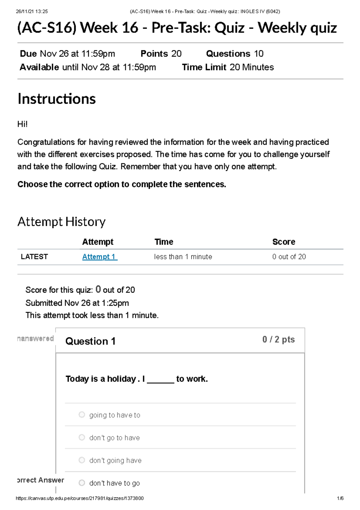 (AC-S16) Week 16 - Pre-Task Quiz - Weekly quiz Ingles IV (6042) - (AC ...