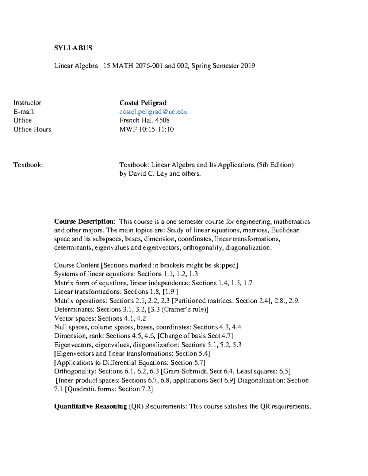 MATH2076-Linear Algebra - SYLLABUS Linear Algebra 15 MATH 2076-001 and ...