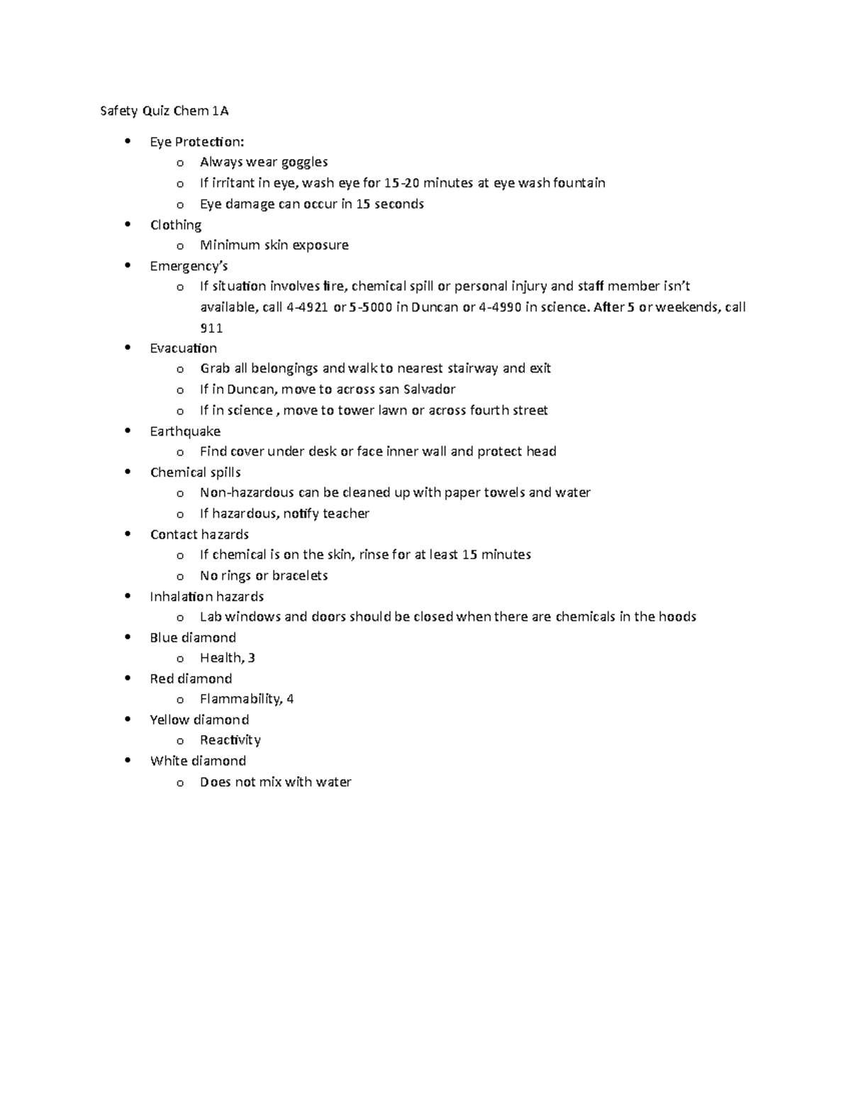 Safety Quiz Chem 1A - Dr E - Safety Quiz Chem 1A Eye Protection: o ...