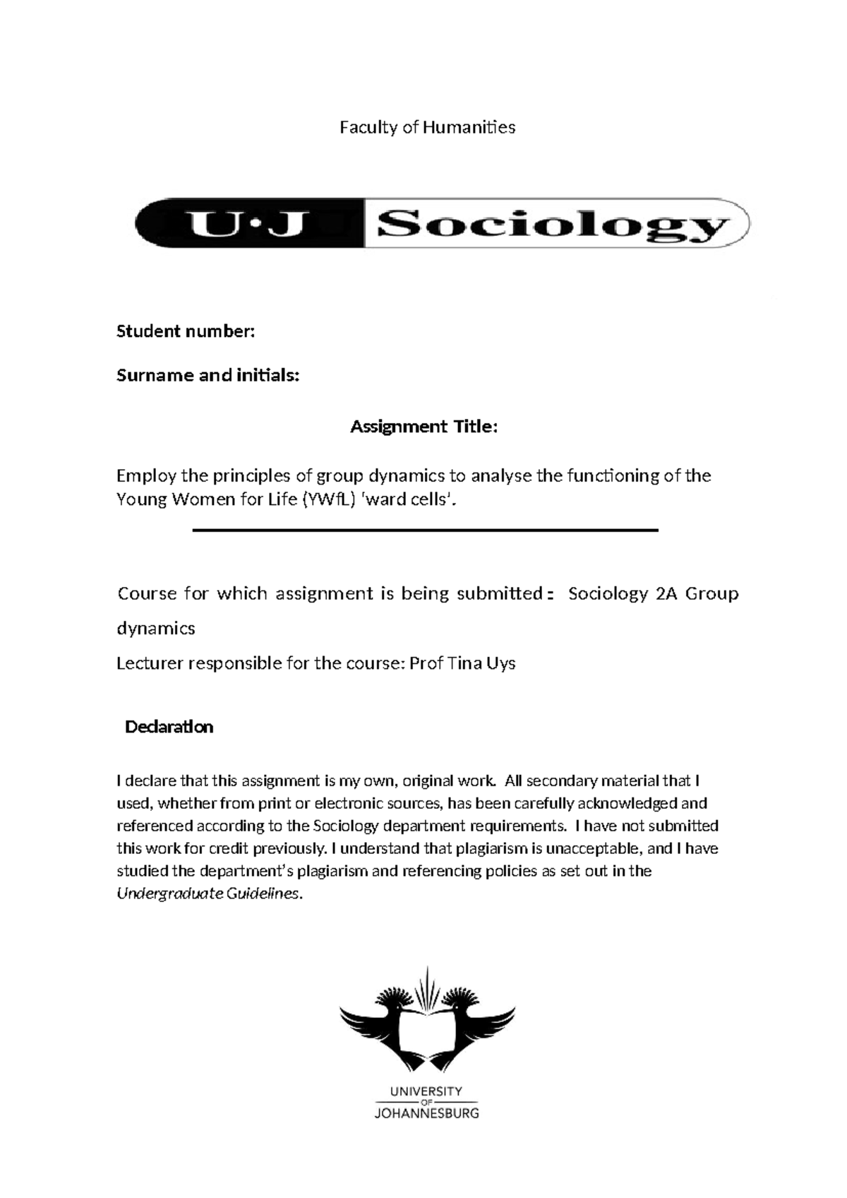 2023 Soc2A GD Assignment cover page - Faculty of Humanities Student ...